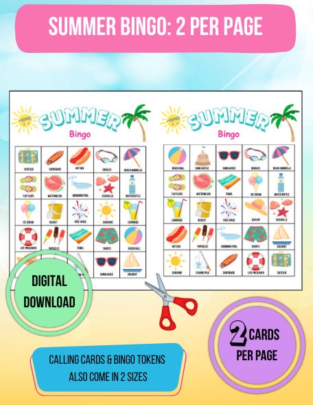 Summer Bingo, Printable Game, Activity for Kids, Pool Game, Summer ...