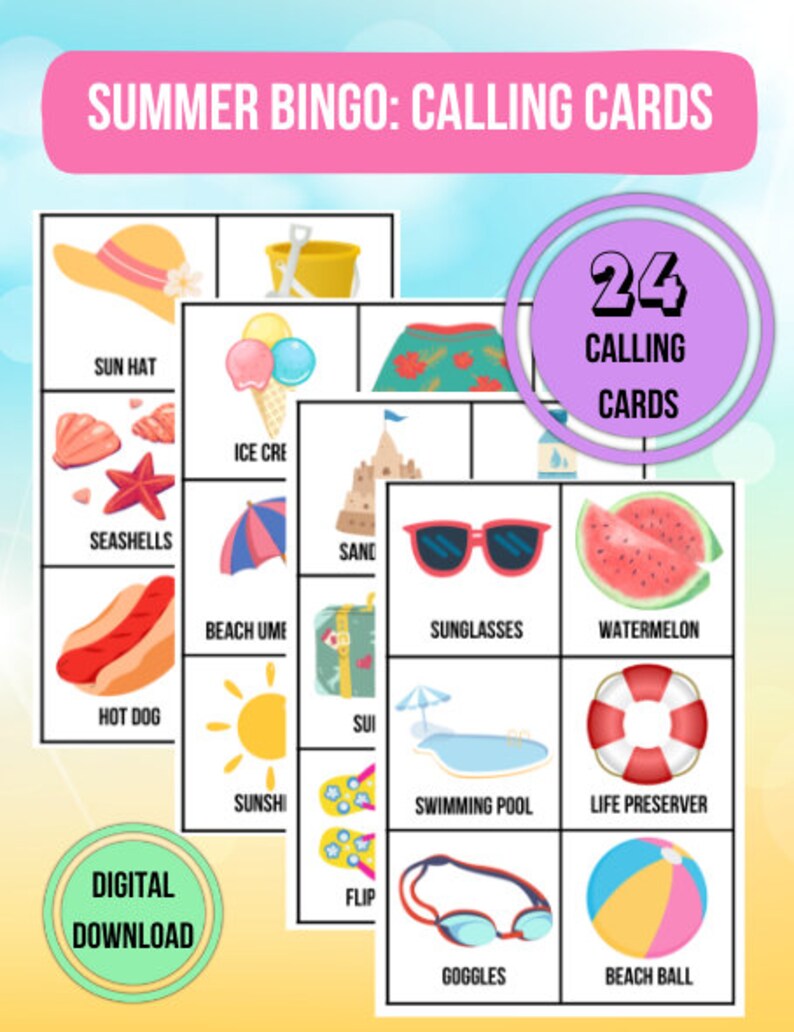 Summer Bingo, Printable Game, Activity for Kids, Pool Game, Summer ...