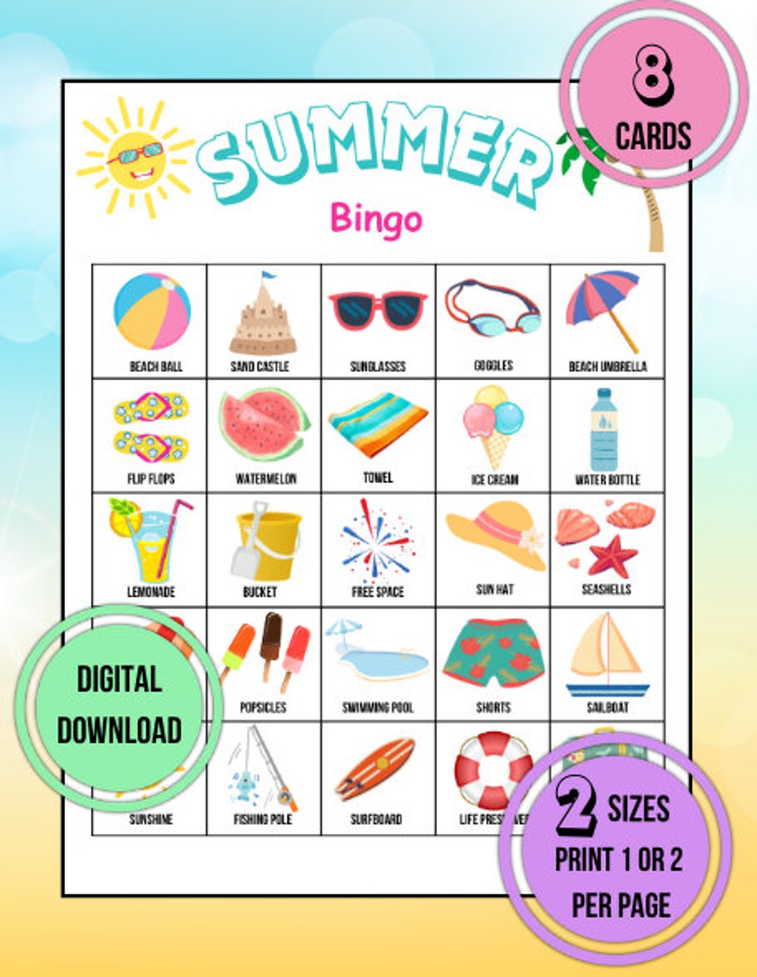 Summer Bingo, Printable Game, Activity for Kids, Pool Game, Summer ...
