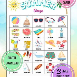 Summer Bingo, Printable Game, Activity for Kids, Pool Game, Summer ...