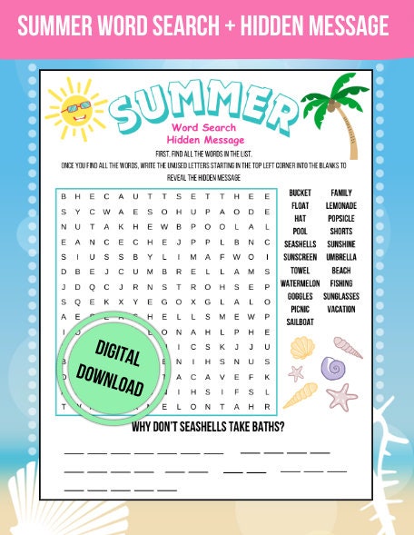 Summer Word Search, Summer Puzzle for Kids, Summer Party Game ...