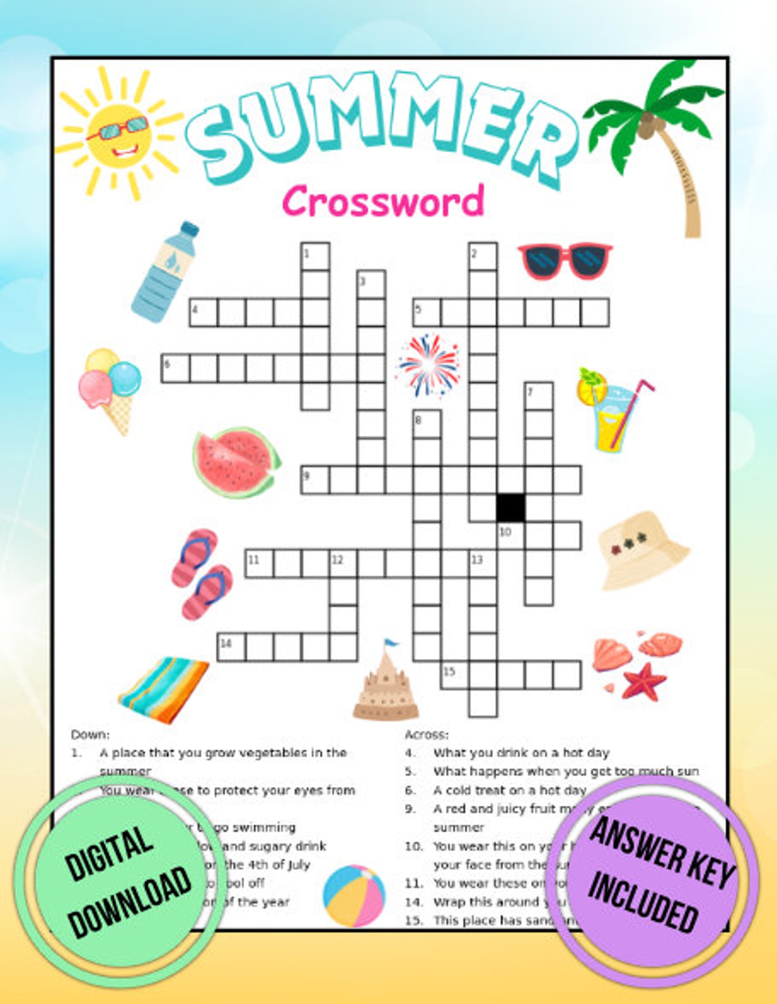 Summer Crossword Activity for Kids, Printable Activity, Pool Party ...