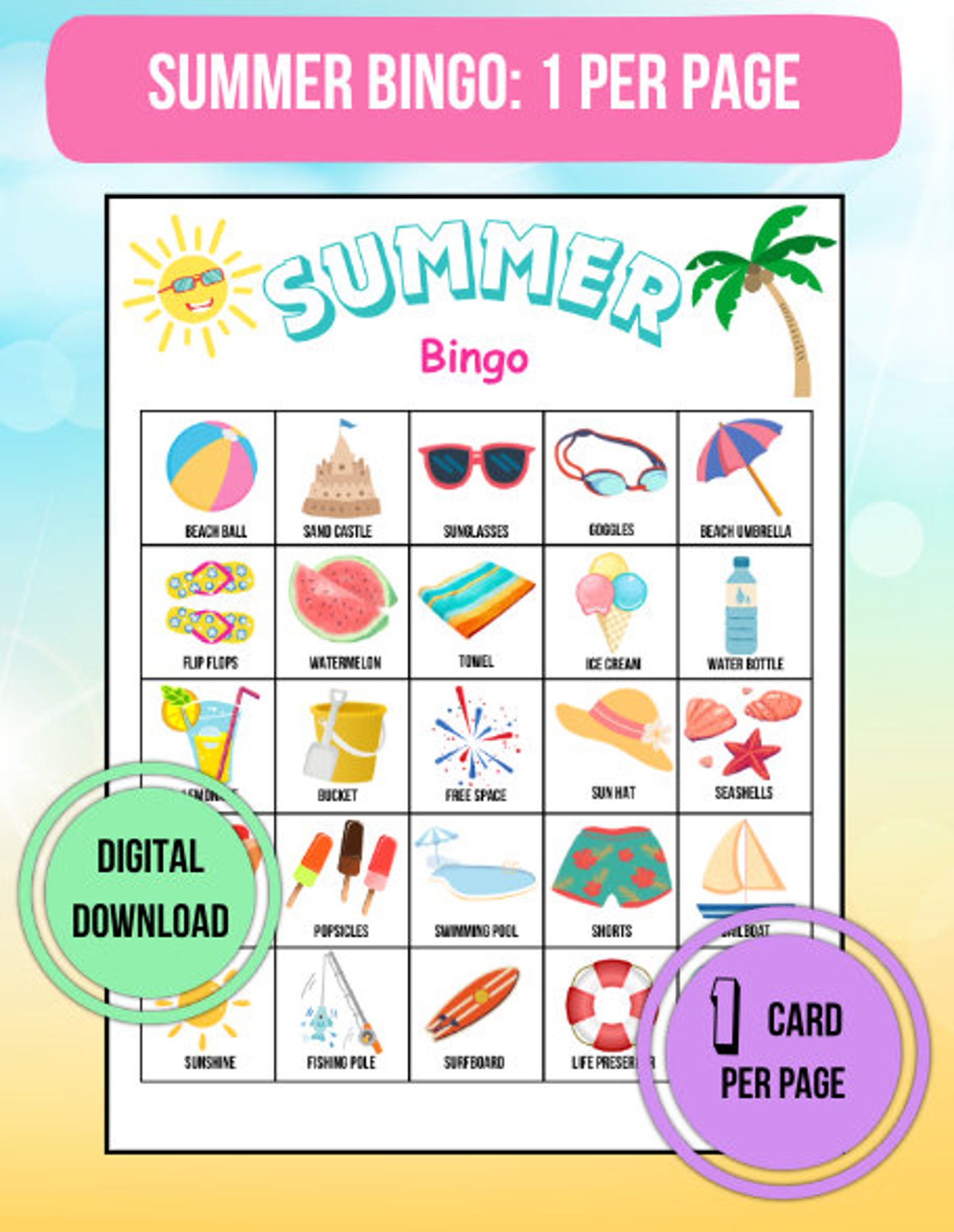 Summer Bingo, Printable Game, Activity for Kids, Pool Game, Summer ...
