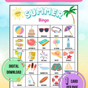 Summer Bingo, Printable Game, Activity for Kids, Pool Game, Summer ...