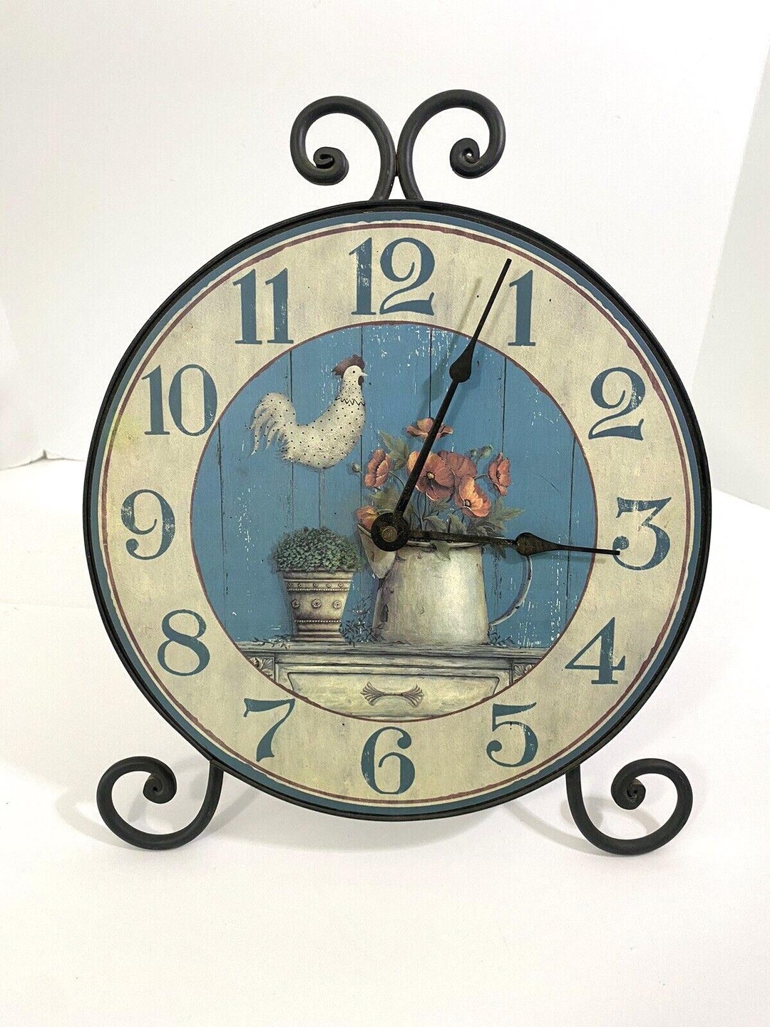 Farmhouse Clock 10 Inch Wood Round With Wrought Iron Stand Country ...