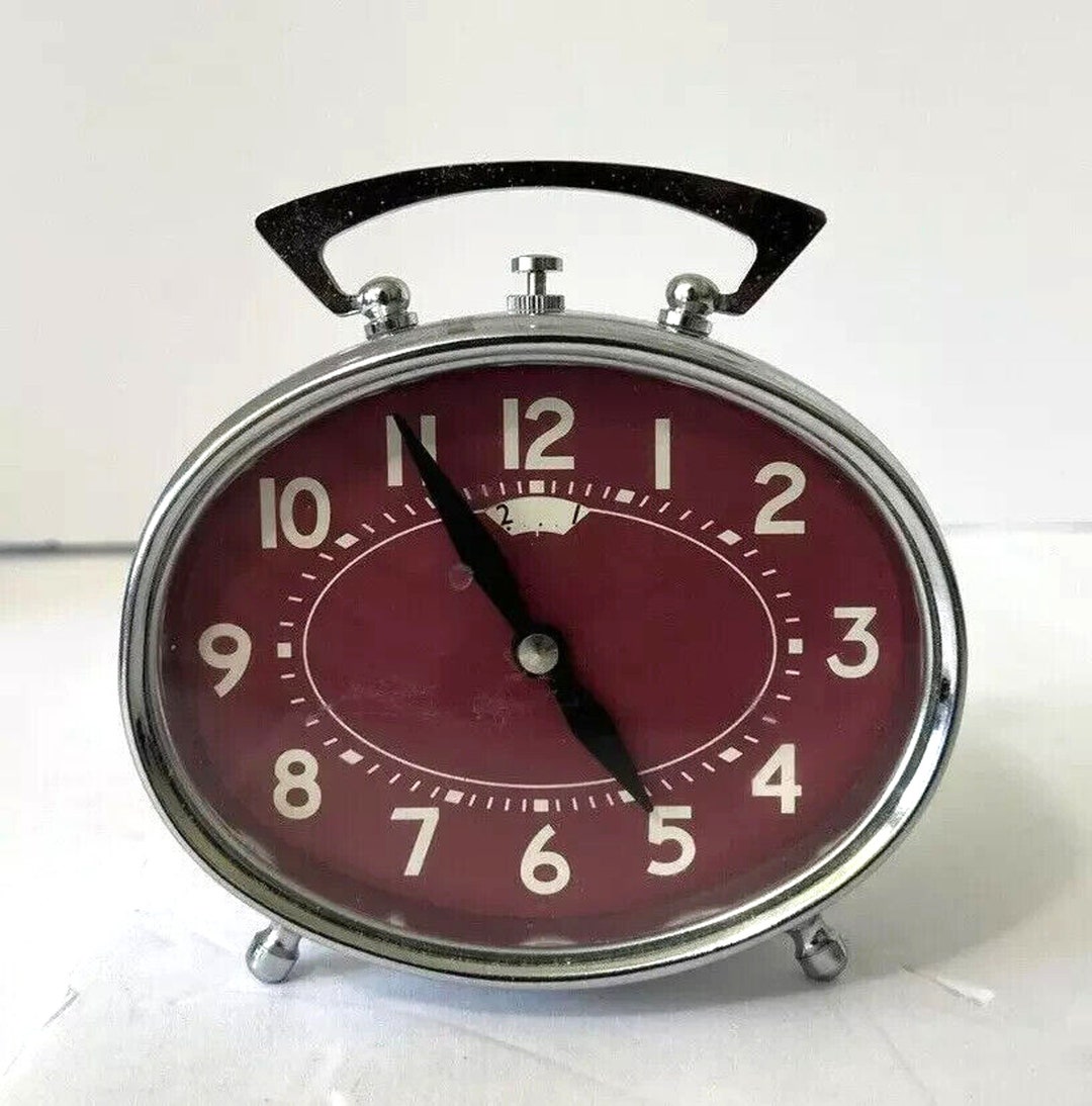 Pottery Barn Retro Morgan Clock Chrome Plate Red Face Analog W/ Alarm ...