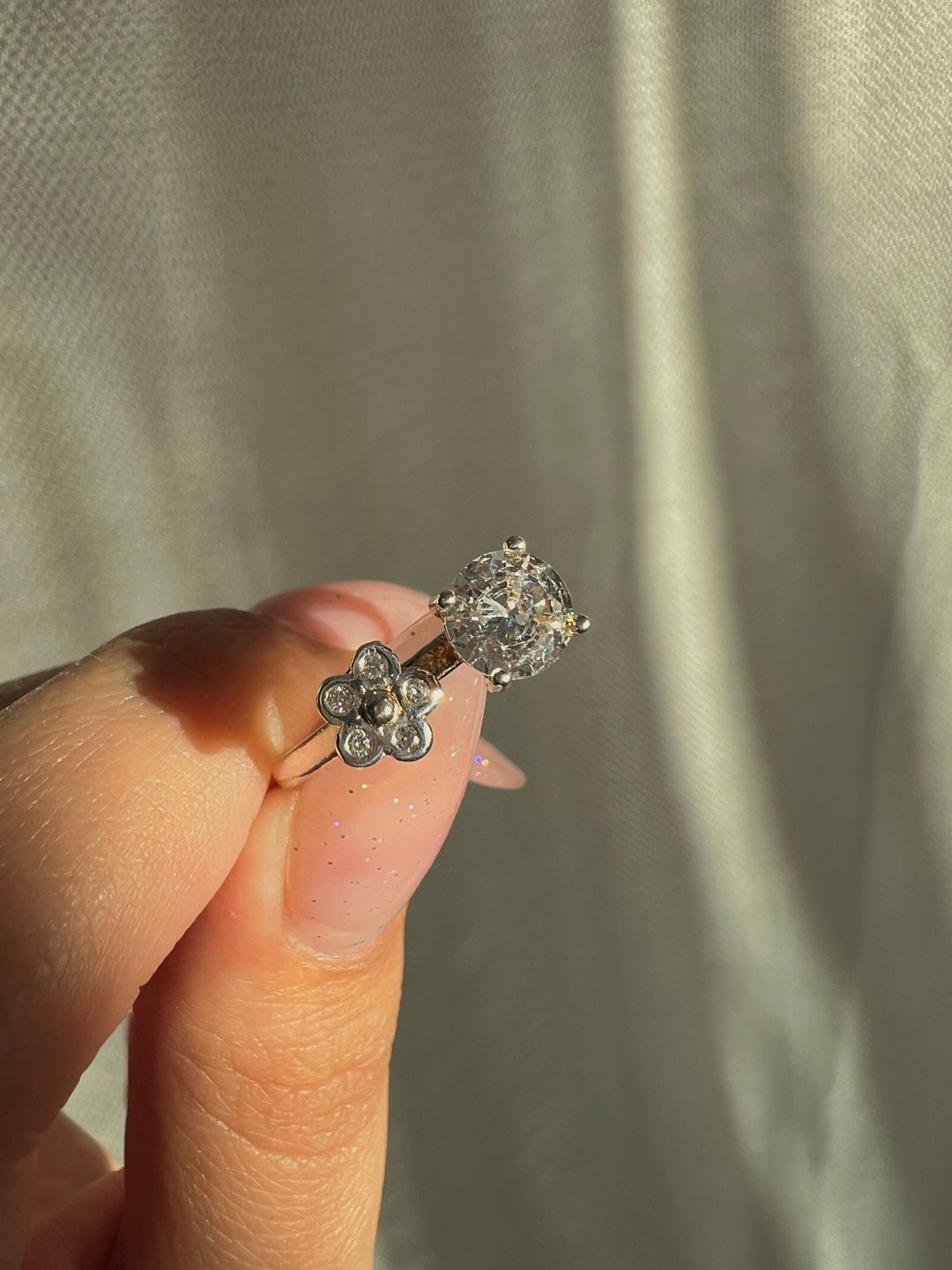 Silver Flower and CZ Diamond Ring, Simple Flower Ring, 925 Sterling ...