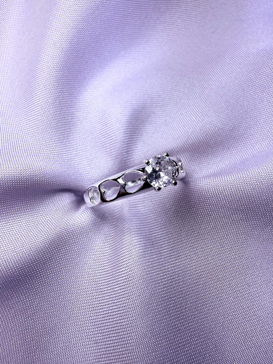 Sterling Silver Heart Cutout Ring, Round CZ Stone, Heart Cut Out Silver ...