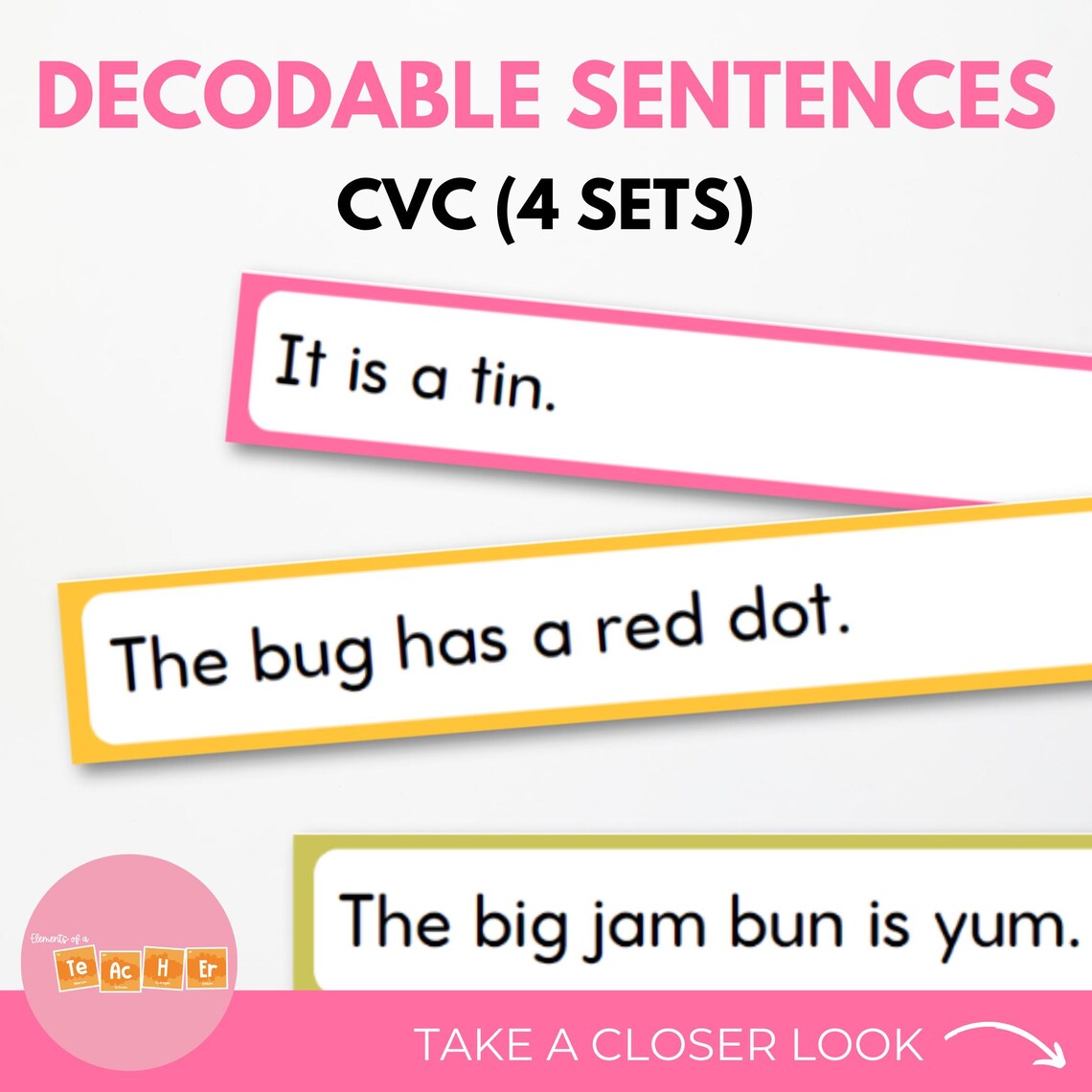 CVC Decodable Sentences - Phonics Intervention and Fluency Strips - CVC ...