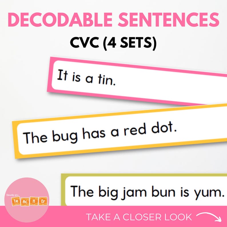 CVC Decodable Sentences - Phonics Intervention and Fluency Strips - CVC ...