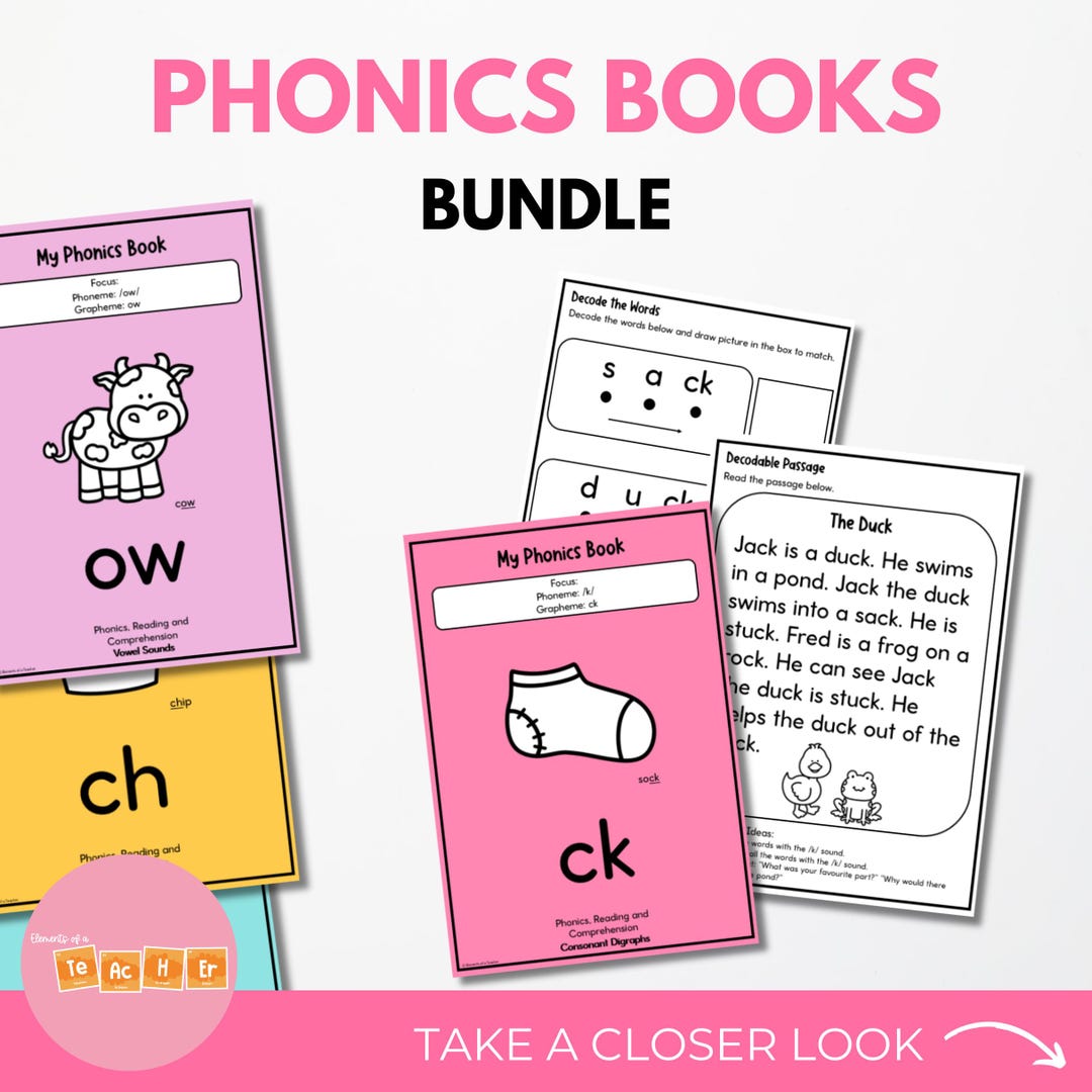 Phonics Book Worksheets for Phonemes Including Single Graph Sounds, CVC ...