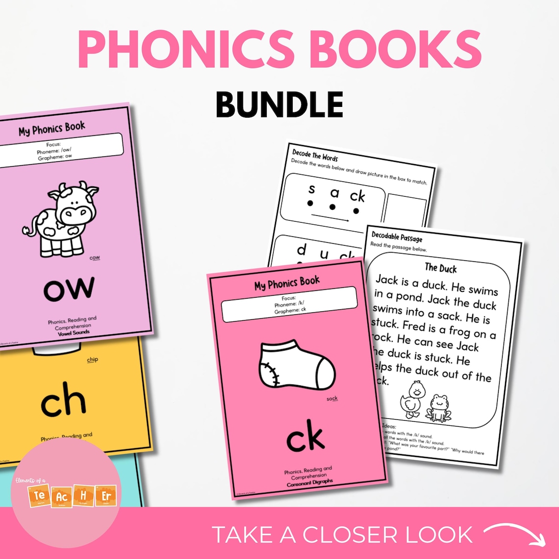 Phonics Book Worksheets for Phonemes Including Single Graph Sounds, CVC ...