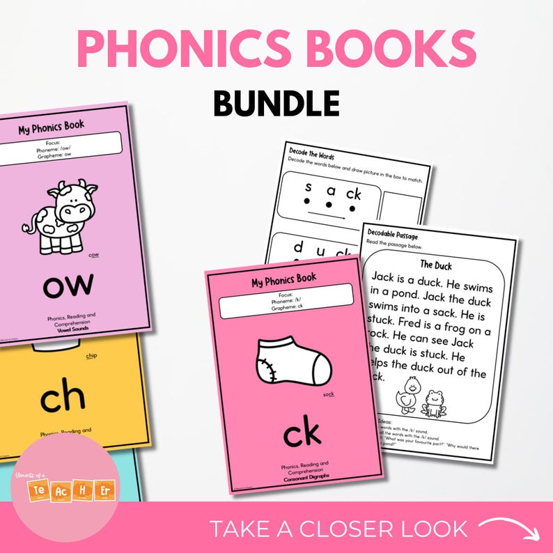 Phonics Book Worksheets for Phonemes Including Single Graph Sounds, CVC ...