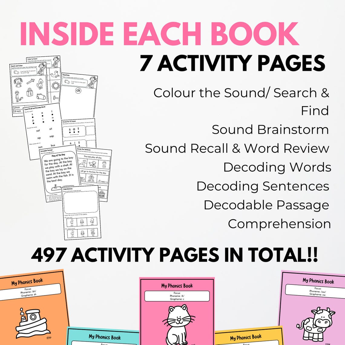 Phonics Book Worksheets for Phonemes Including Single Graph Sounds, CVC ...