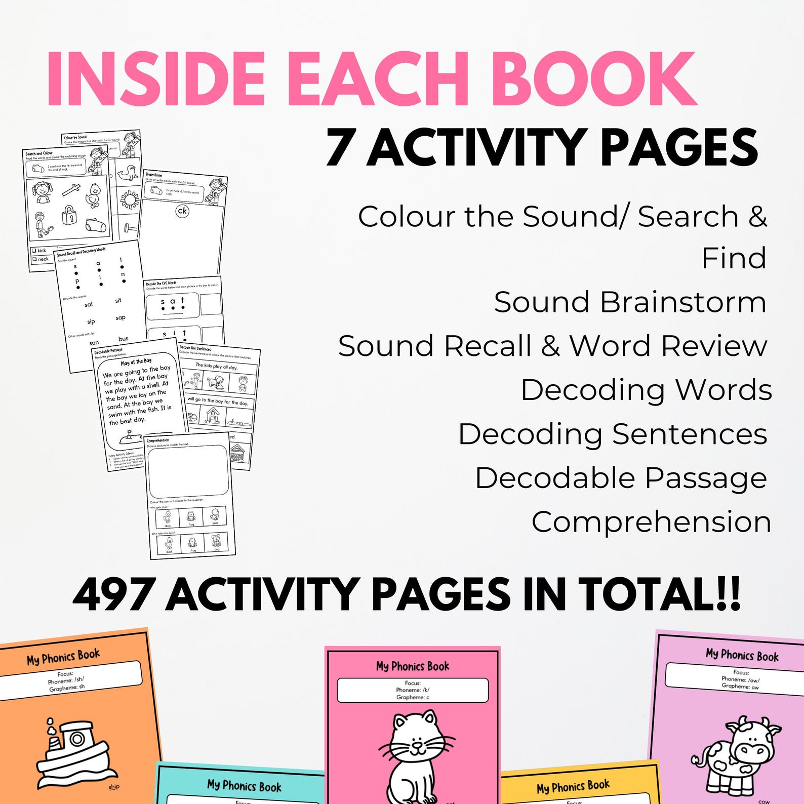 Phonics Book Worksheets for Phonemes Including Single Graph Sounds, CVC ...