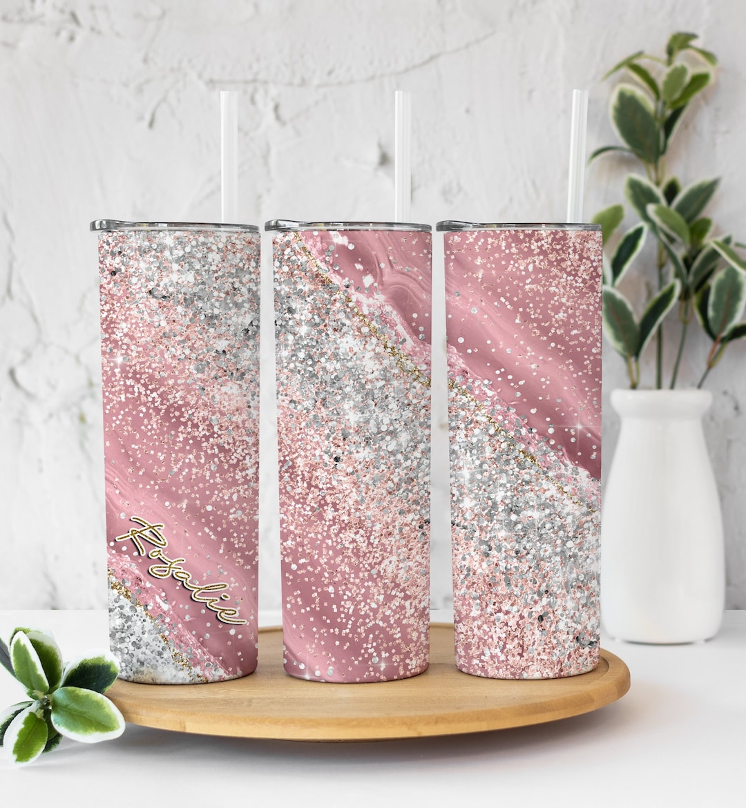 Silver and Pink Glitter Tumbler, Personalized Tumbler, Custom Glitter ...