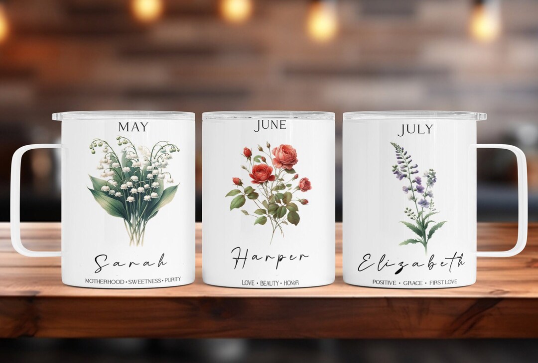 Birth Month Flower Metal Mug, Birth Month Flower Tumbler Mug, Custom ...