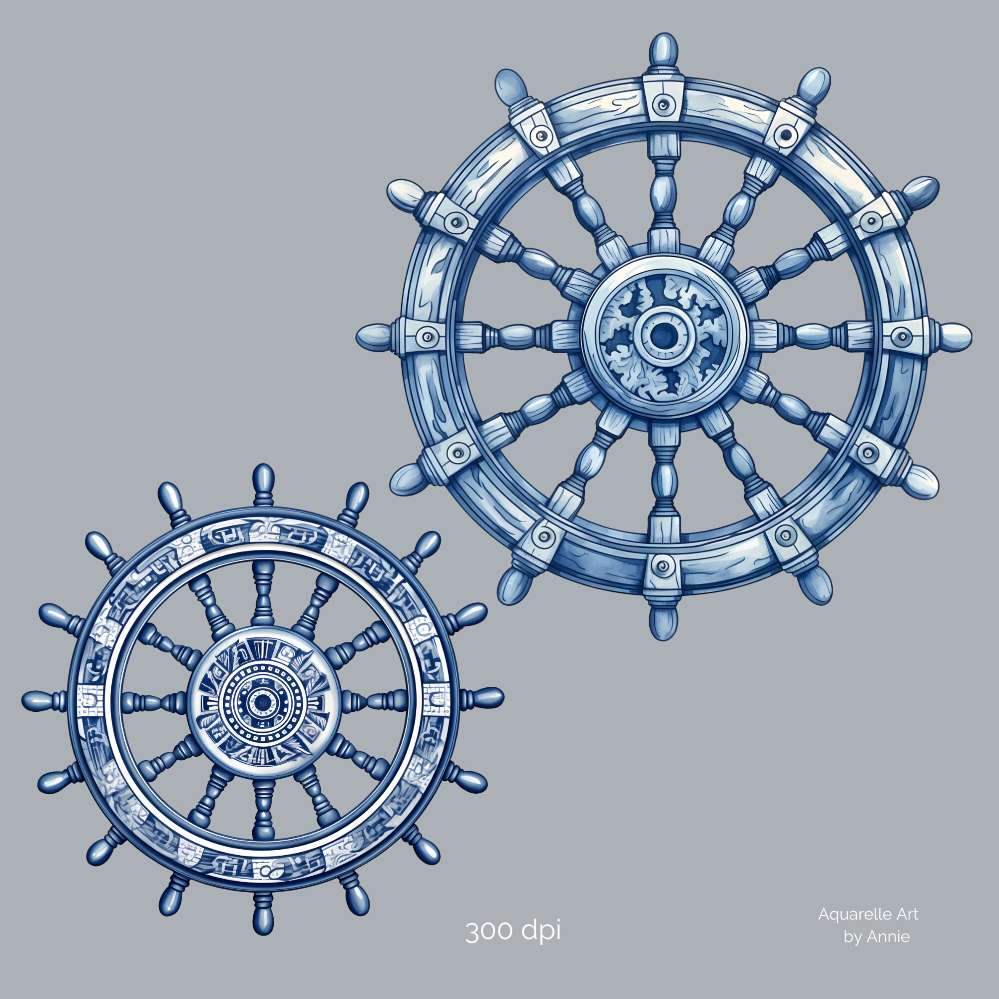 Watercolor Nautical Ship Wheel Clipart, Blue Shipwheel Decorated ...