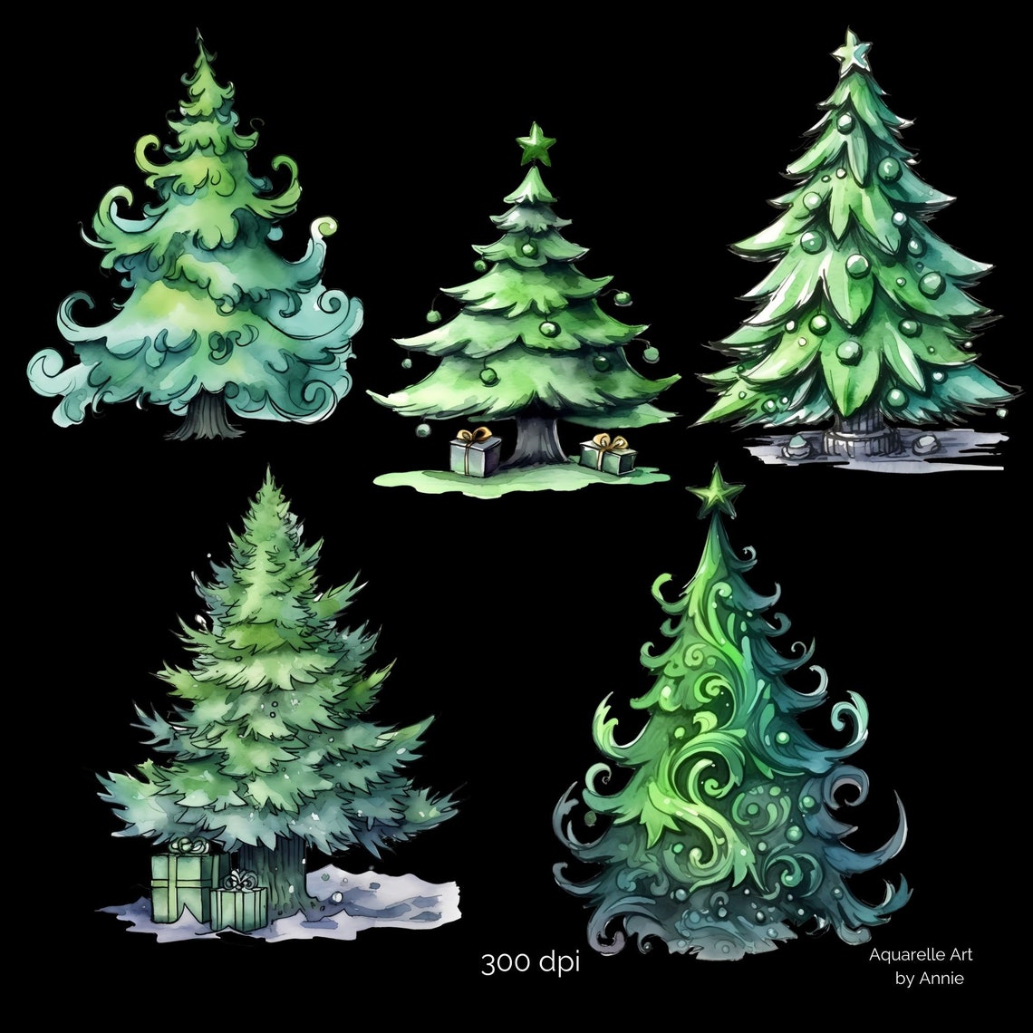 Watercolor Christmas Trees Clipart, Green Christmas Tree Clipart, Green ...