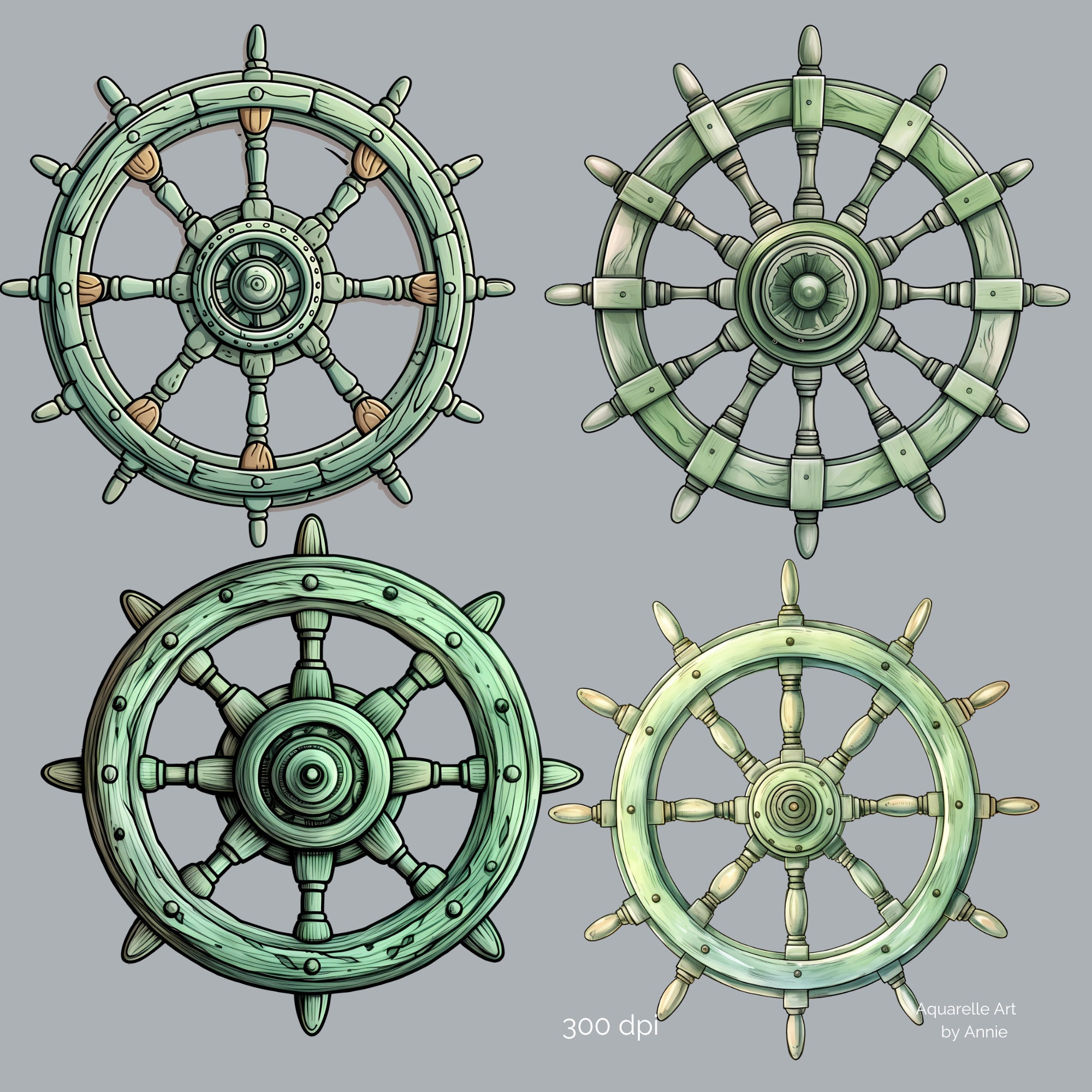 Watercolor Nautical Ship Wheel Clipart, Blue Shipwheel Decorated ...