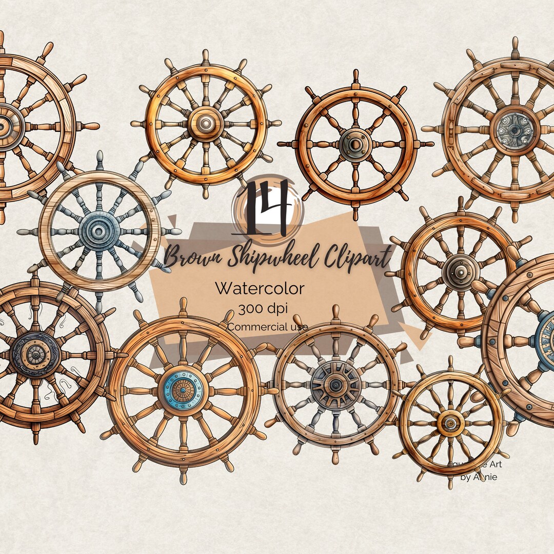 Watercolor Nautical Ship Wheel Clipart, Brown Shipwheel Decorated ...