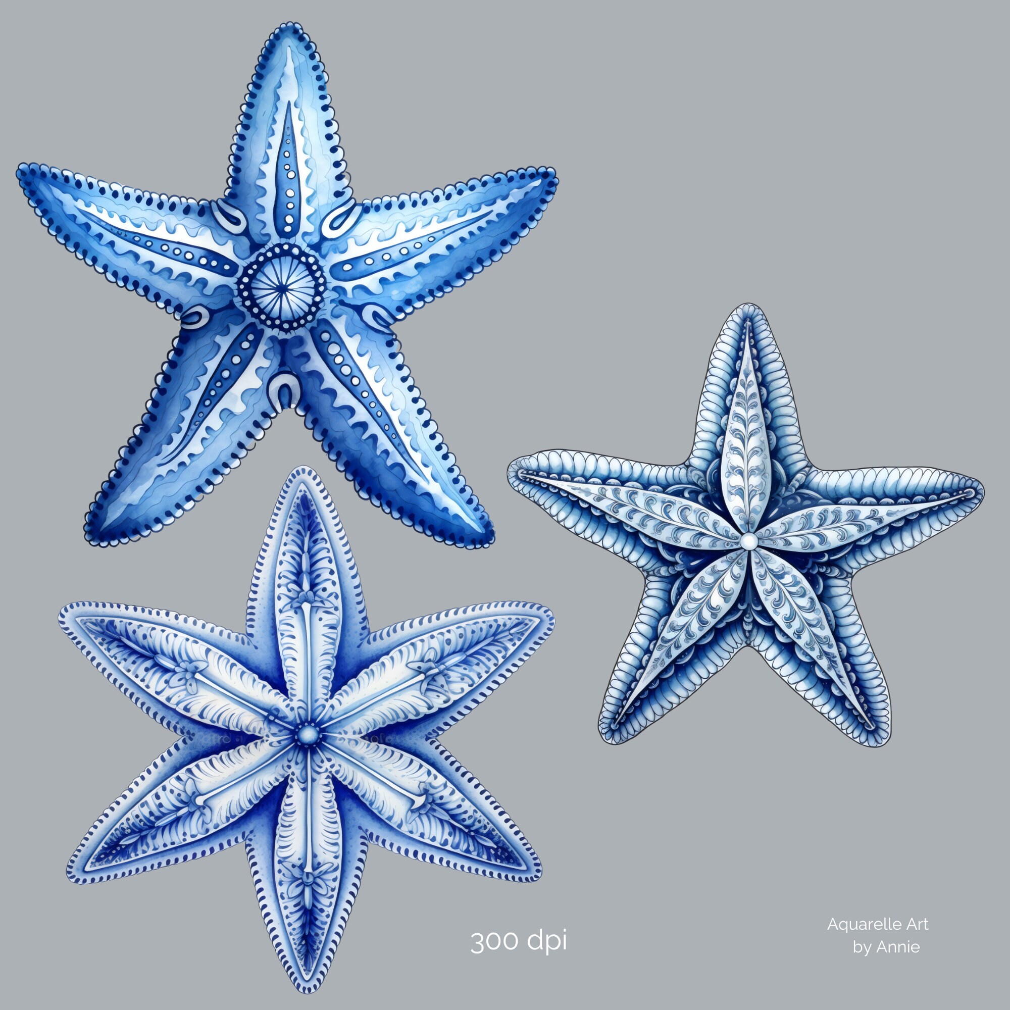 Watercolor Nautical Starfish Clipart, Blue Starfish Decorated Clipart ...
