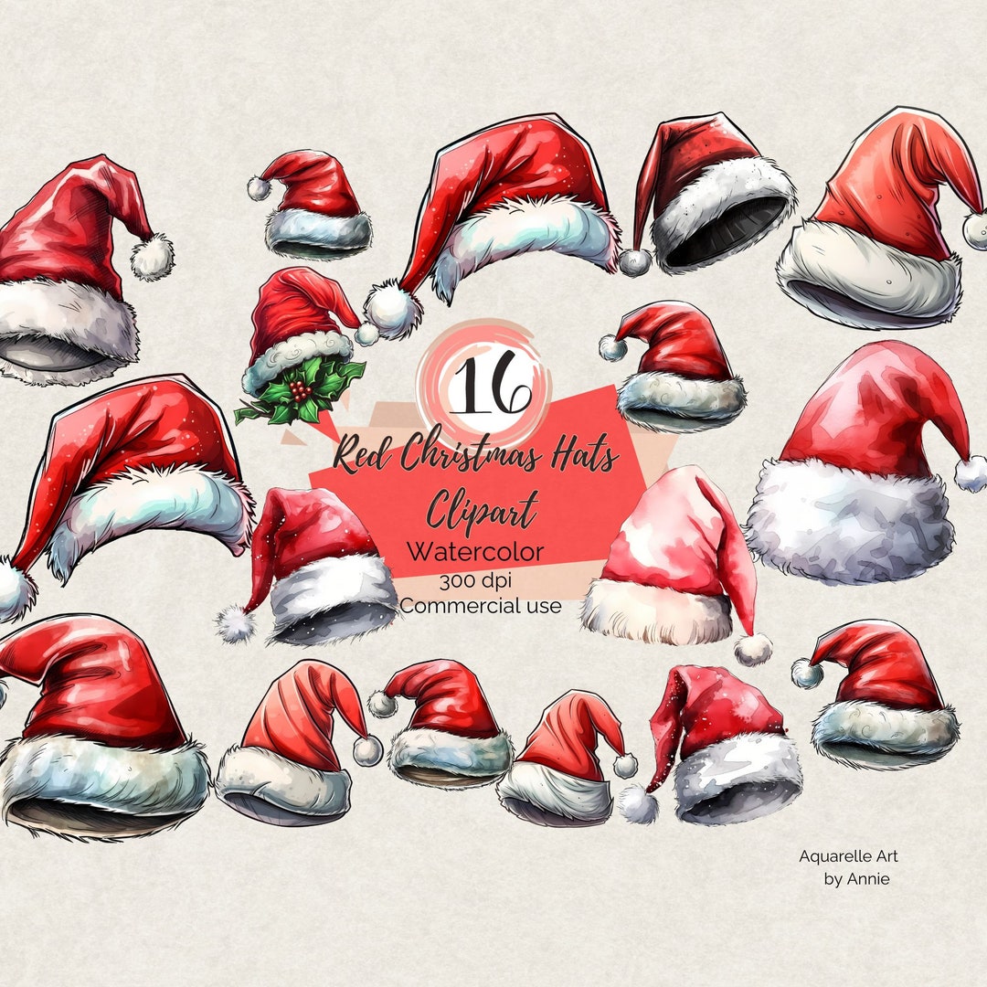 Watercolor Christmas Hats Clipart, Santa Hat Clipart, Xmas Red Hat, Red ...