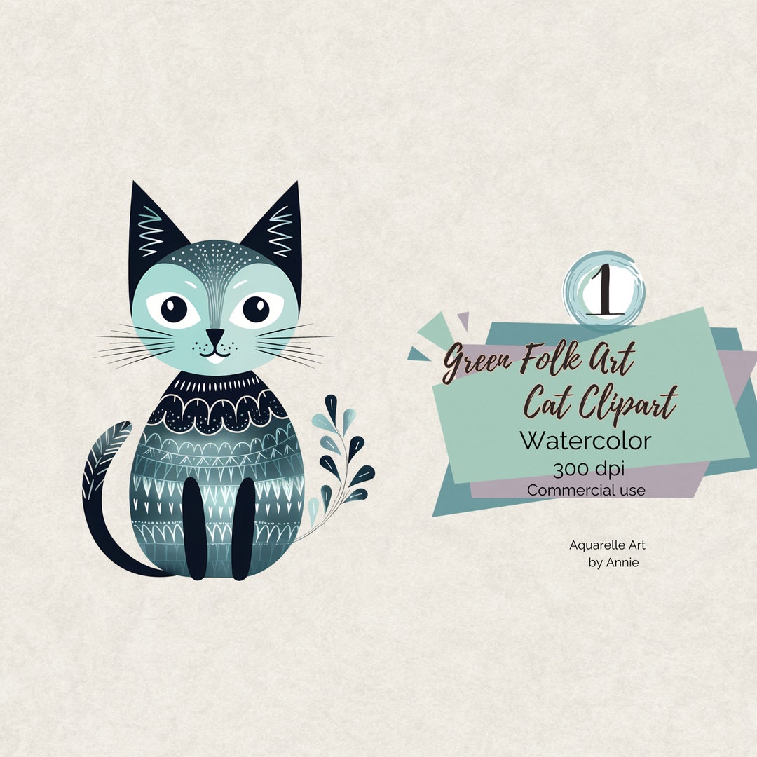 Folk Art Sage Cat Clipart, Cute Green Cat Clipart, Folk Art Clipart ...