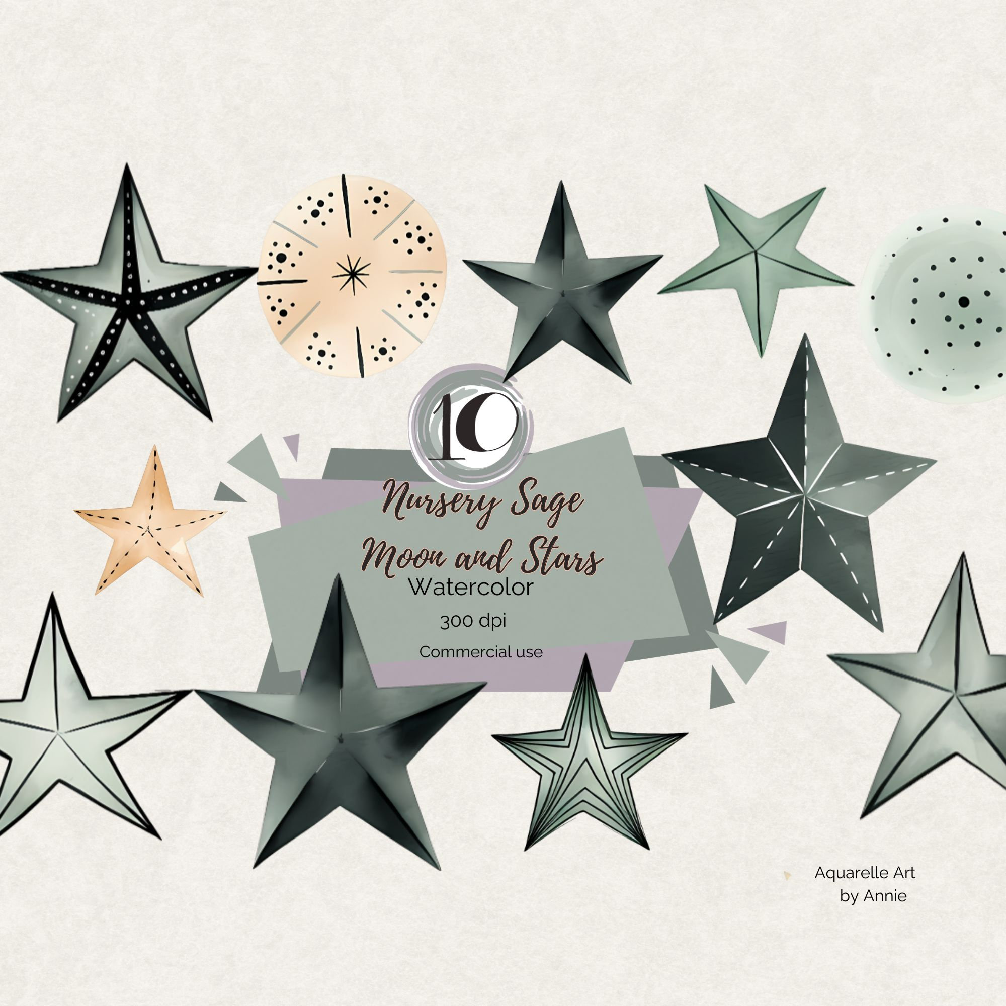 Sage Nursery Star Clipart, Cute Moon and Star Clipart, Watercolor Xmas ...