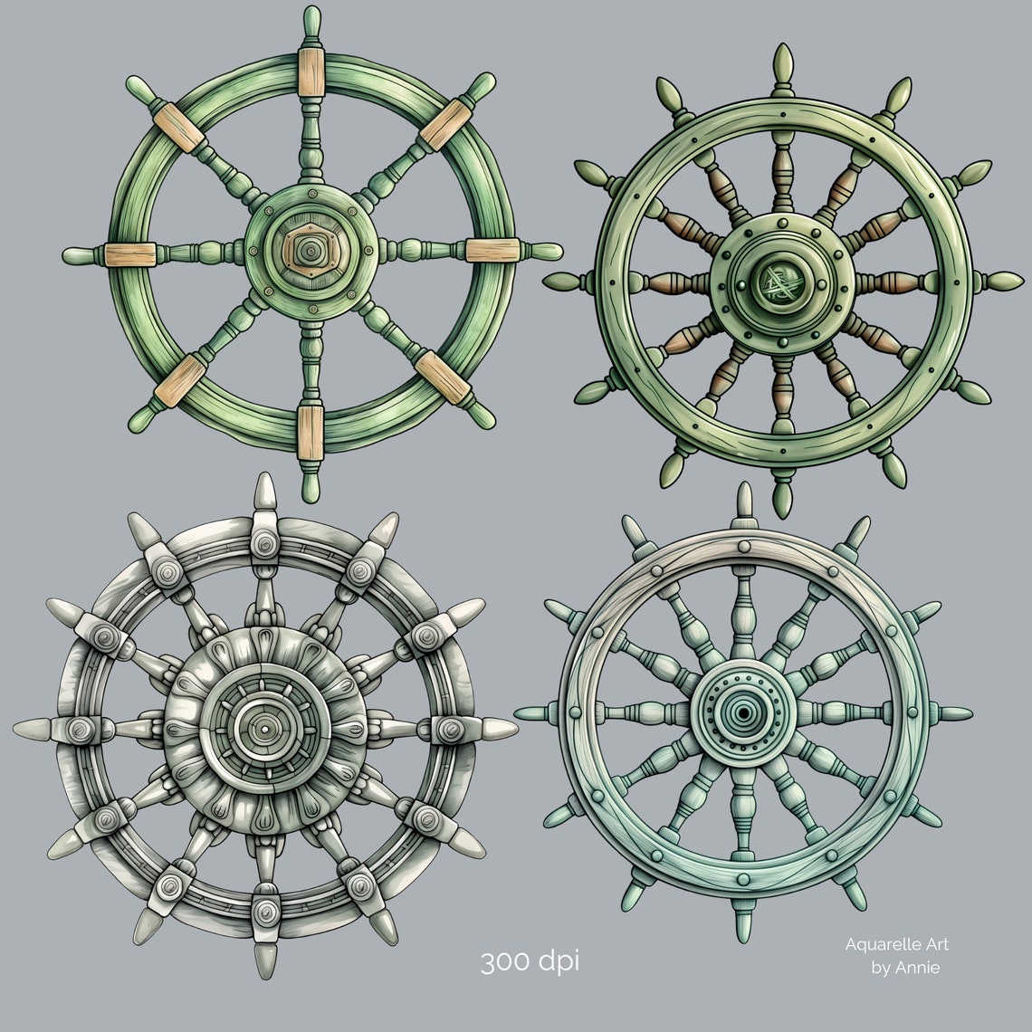 Watercolor Nautical Ship Wheel Clipart, Blue Shipwheel Decorated ...