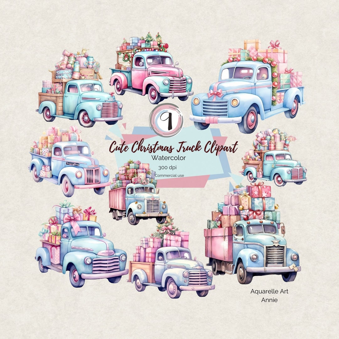 Watercolor Christmas Truck Clipart, Christmas Truck Clipart, Car With ...
