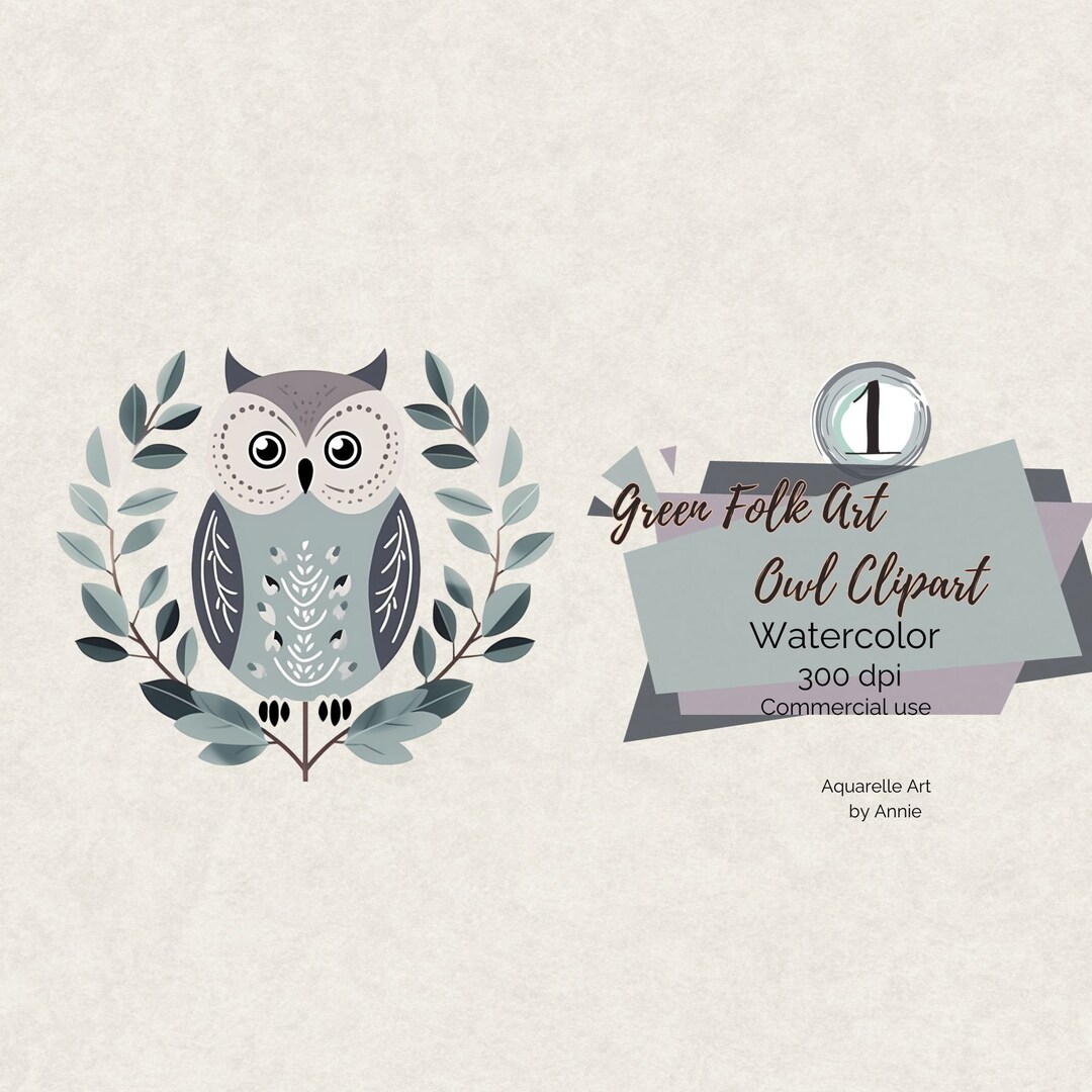 Folk Art Sage Owl Clipart, Cute Green Owl Clipart, Folk Art Clipart ...