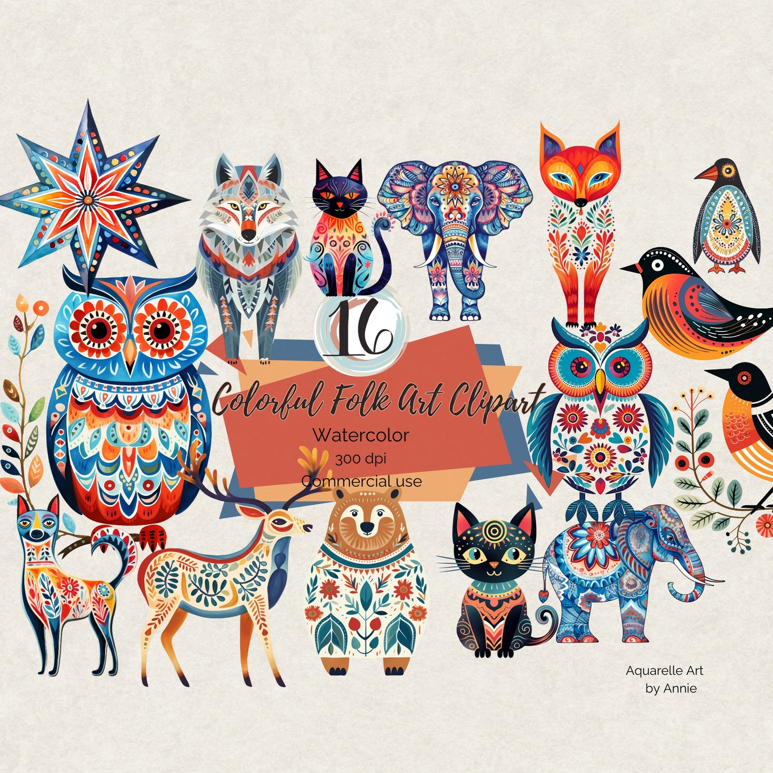 Watercolor Folk Art Clipart, Colorful Folk ART Clipart, Folk Art ...
