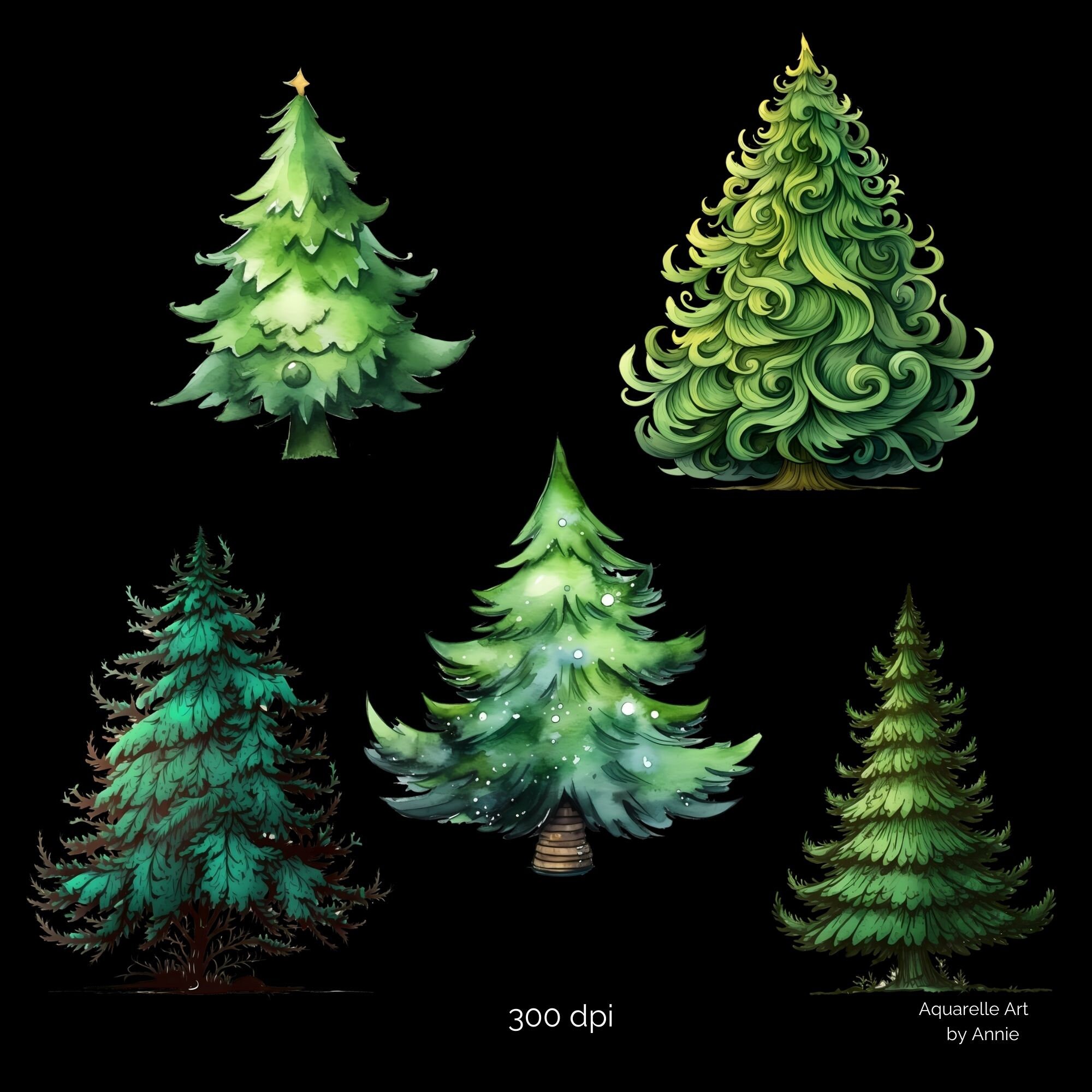 Watercolor Christmas Trees Clipart, Green Christmas Tree Clipart, Green ...