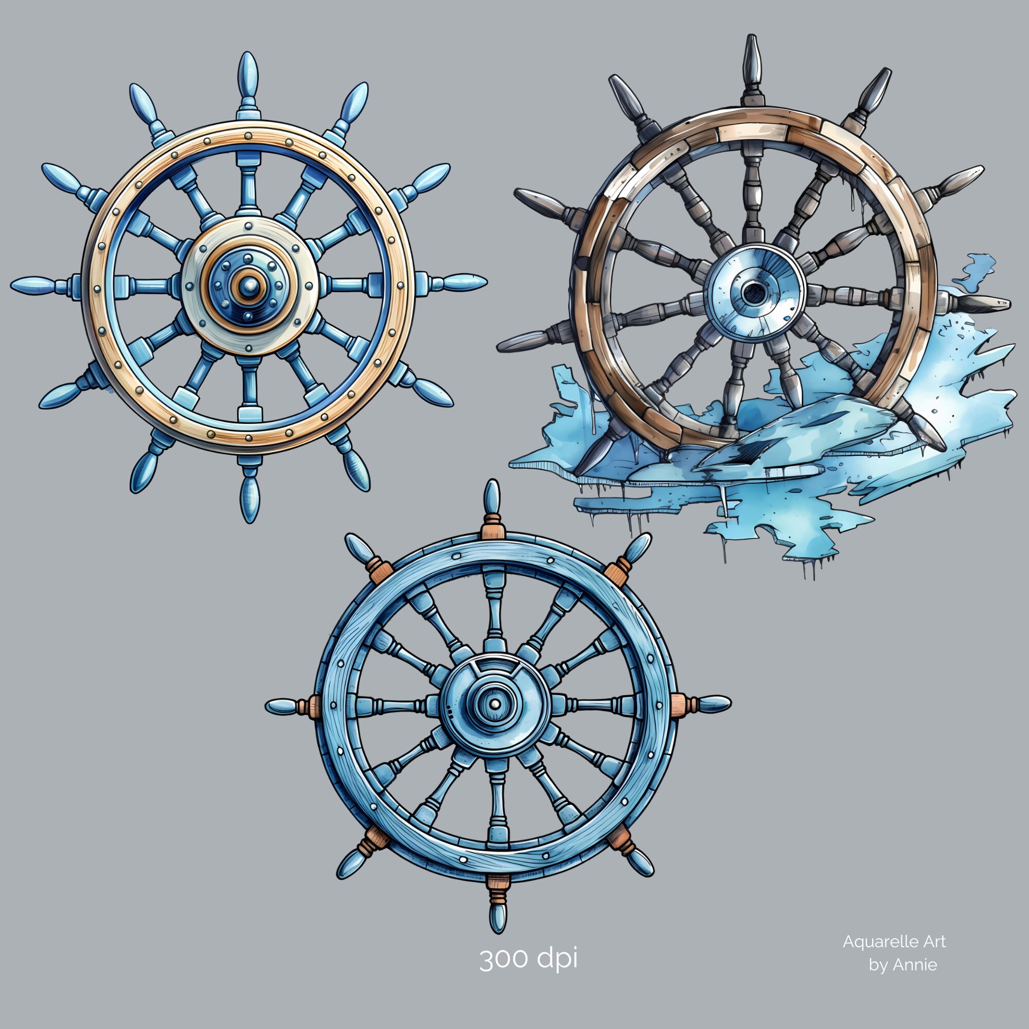 Watercolor Nautical Ship Wheel Clipart, Blue Shipwheel Decorated ...