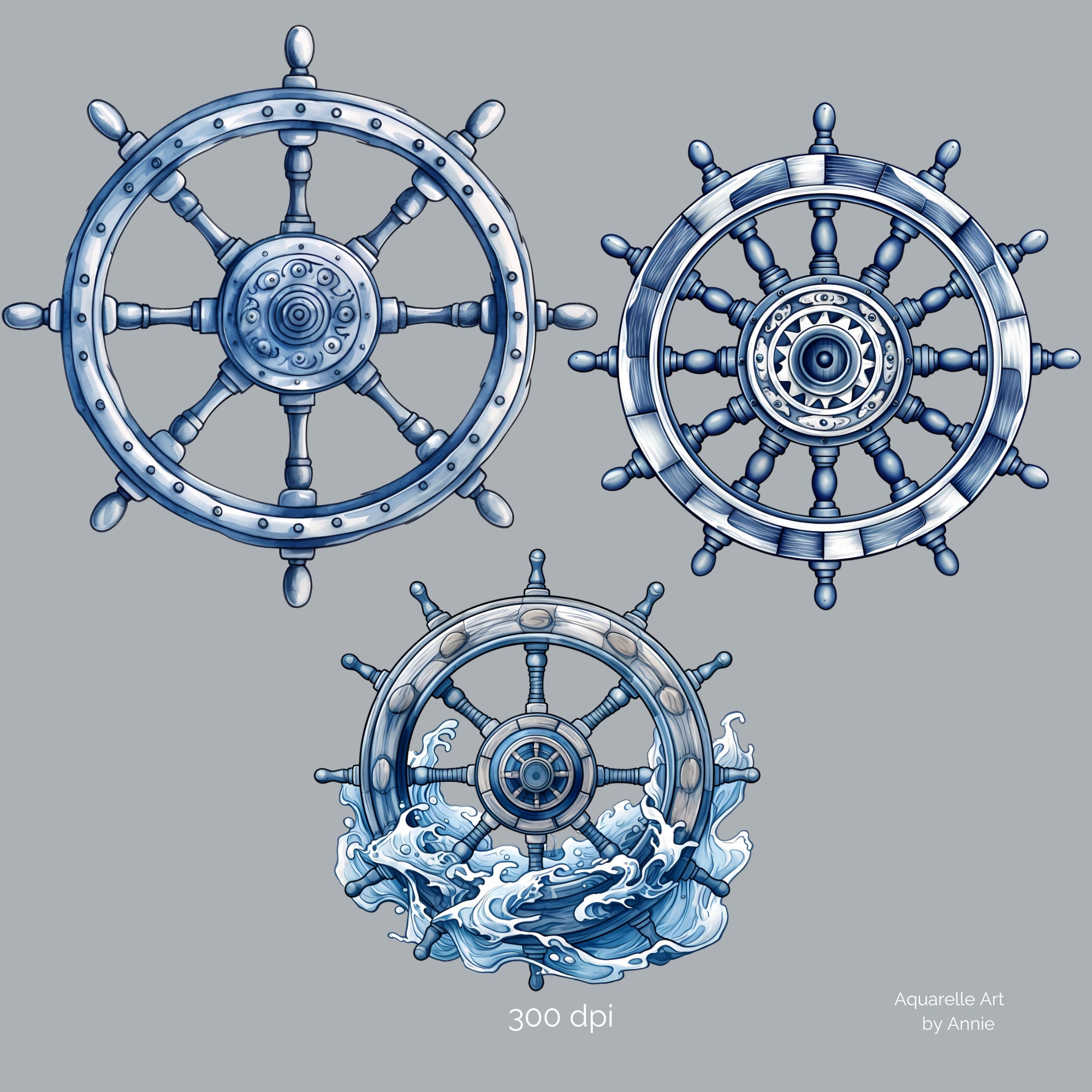 Watercolor Nautical Ship Wheel Clipart, Blue Shipwheel Decorated ...