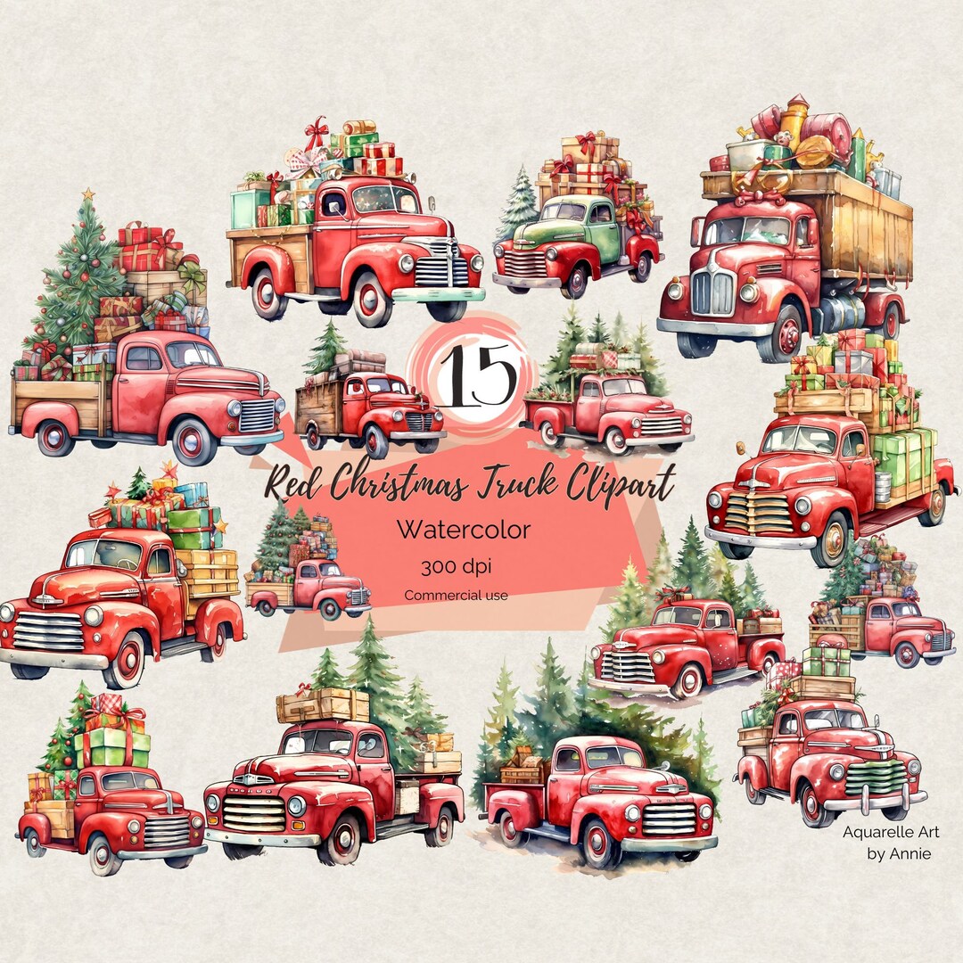 Watercolor Christmas Truck Clipart, Christmas Truck Clipart, Car With ...