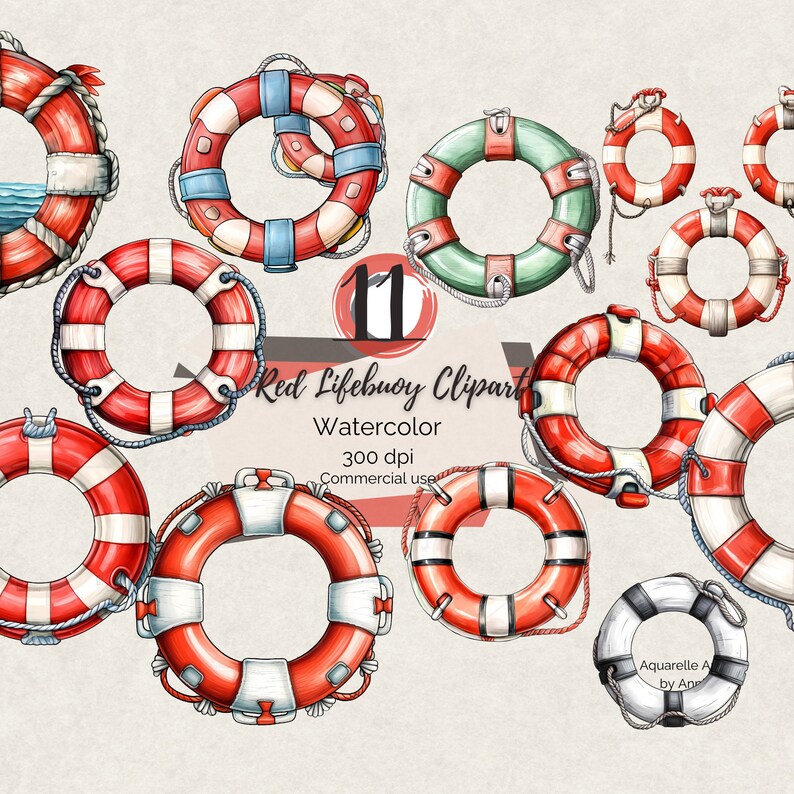 Watercolor Nautical Life Buoy Clipart, Red Life Buoy Decorated Clipart ...