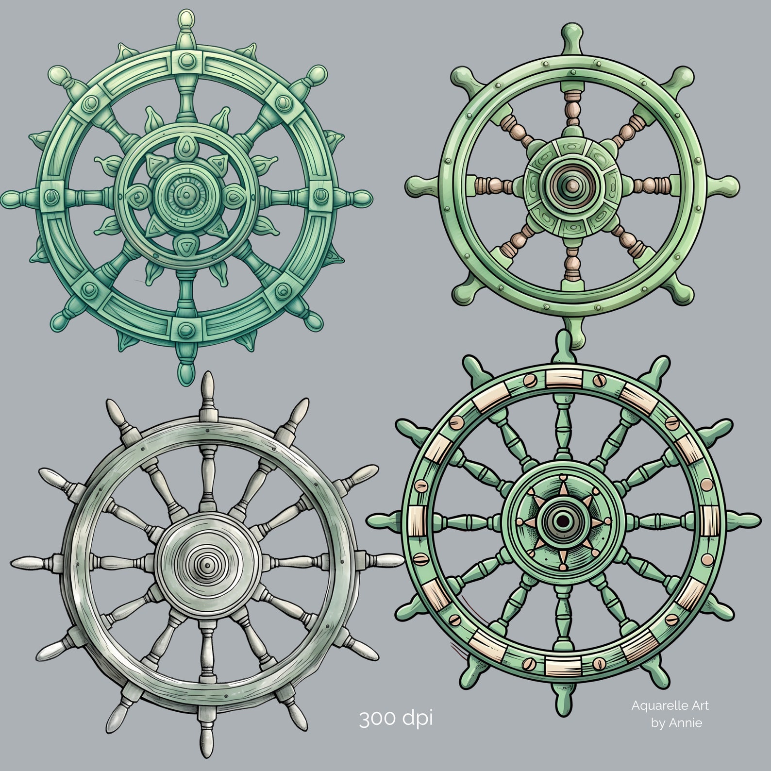 Watercolor Nautical Ship Wheel Clipart, Blue Shipwheel Decorated ...