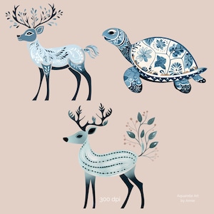 Watercolor Folk Art Blue Clipart, Cute Folk Art Clipart, Fox Folk Art ...
