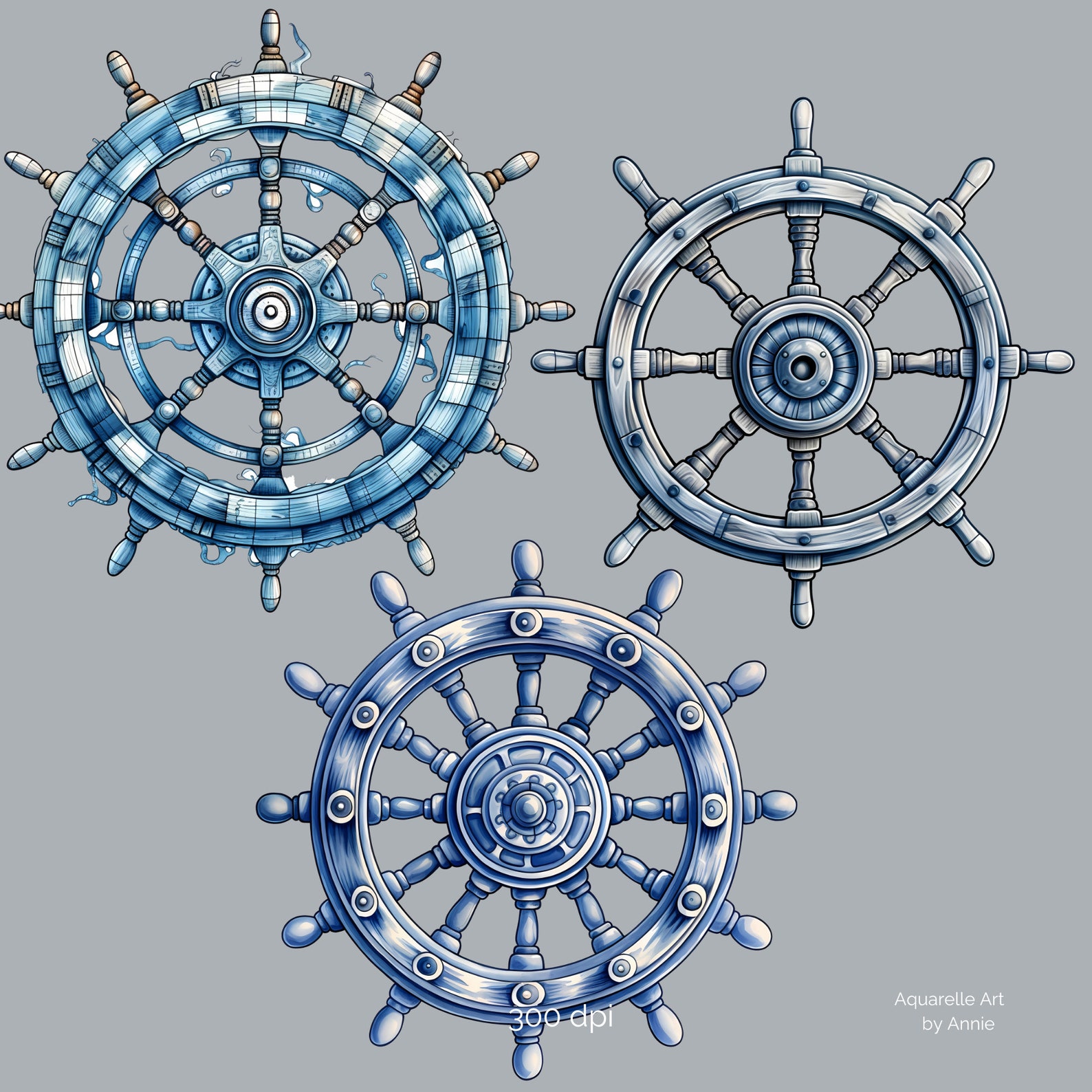Watercolor Nautical Ship Wheel Clipart, Blue Shipwheel Decorated ...