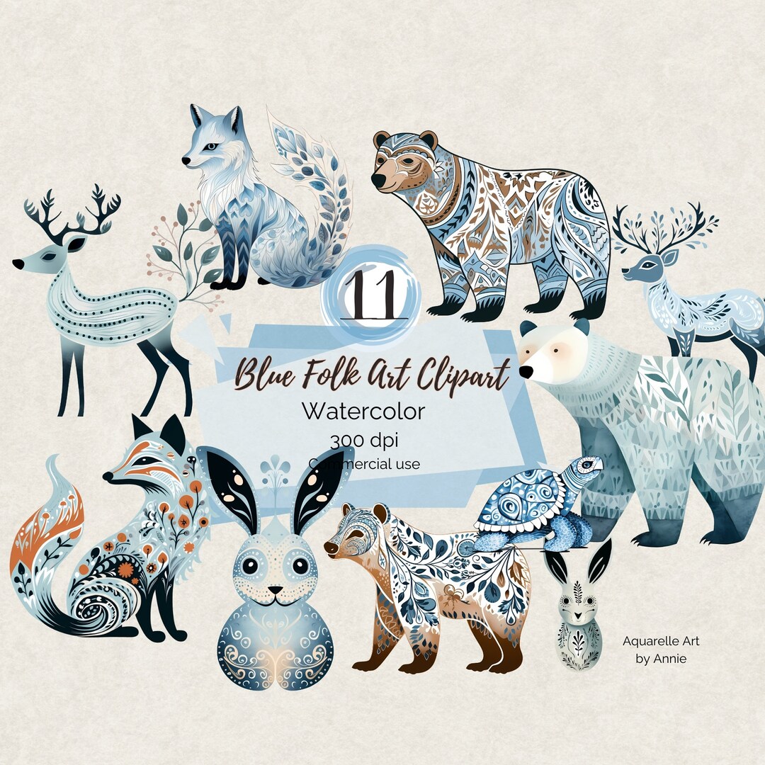 Watercolor Folk Art Blue Clipart, Cute Folk Art Clipart, Fox Folk Art ...