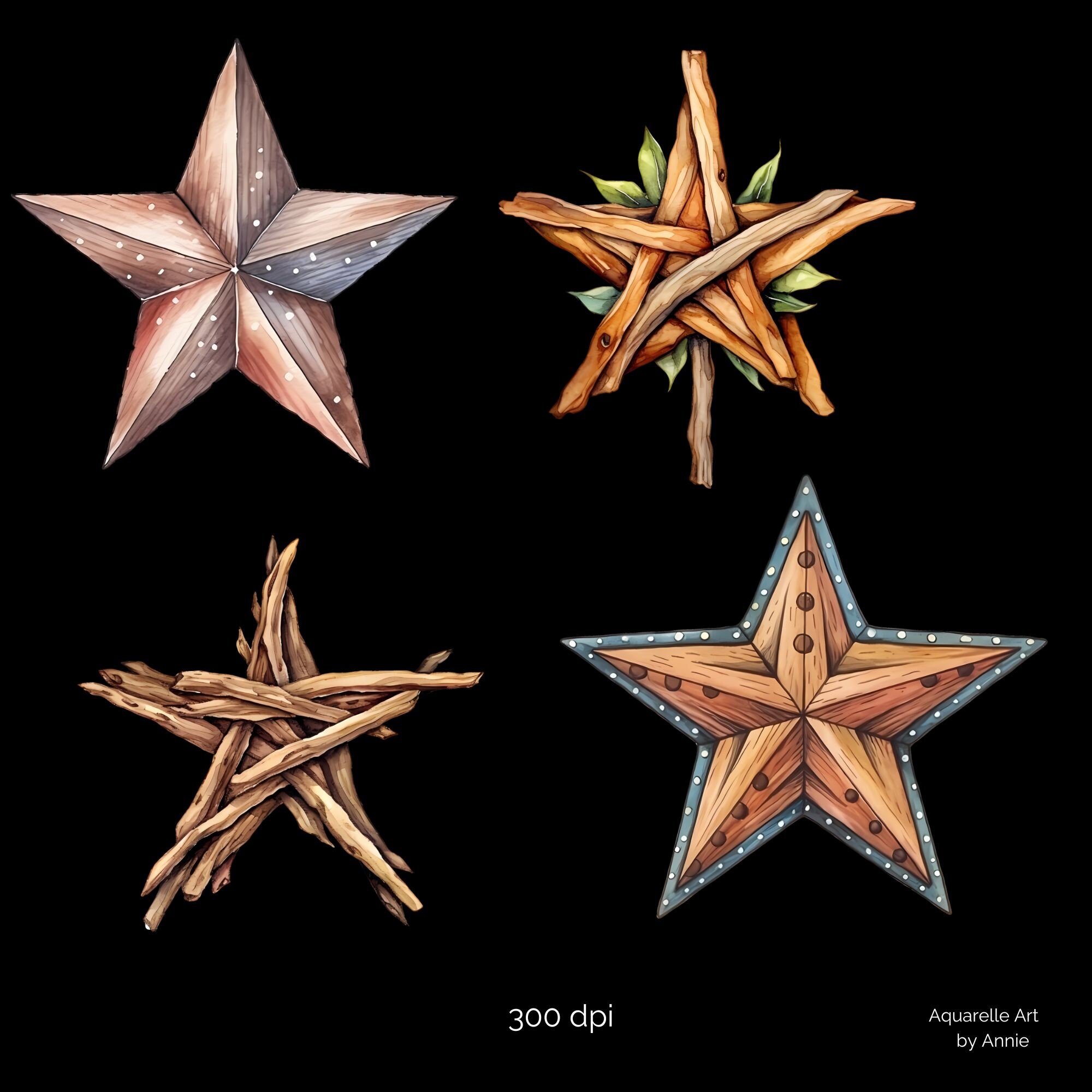 Watercolor Christmas Star Clipart, Cute Christmas Wooden Star Clipart ...