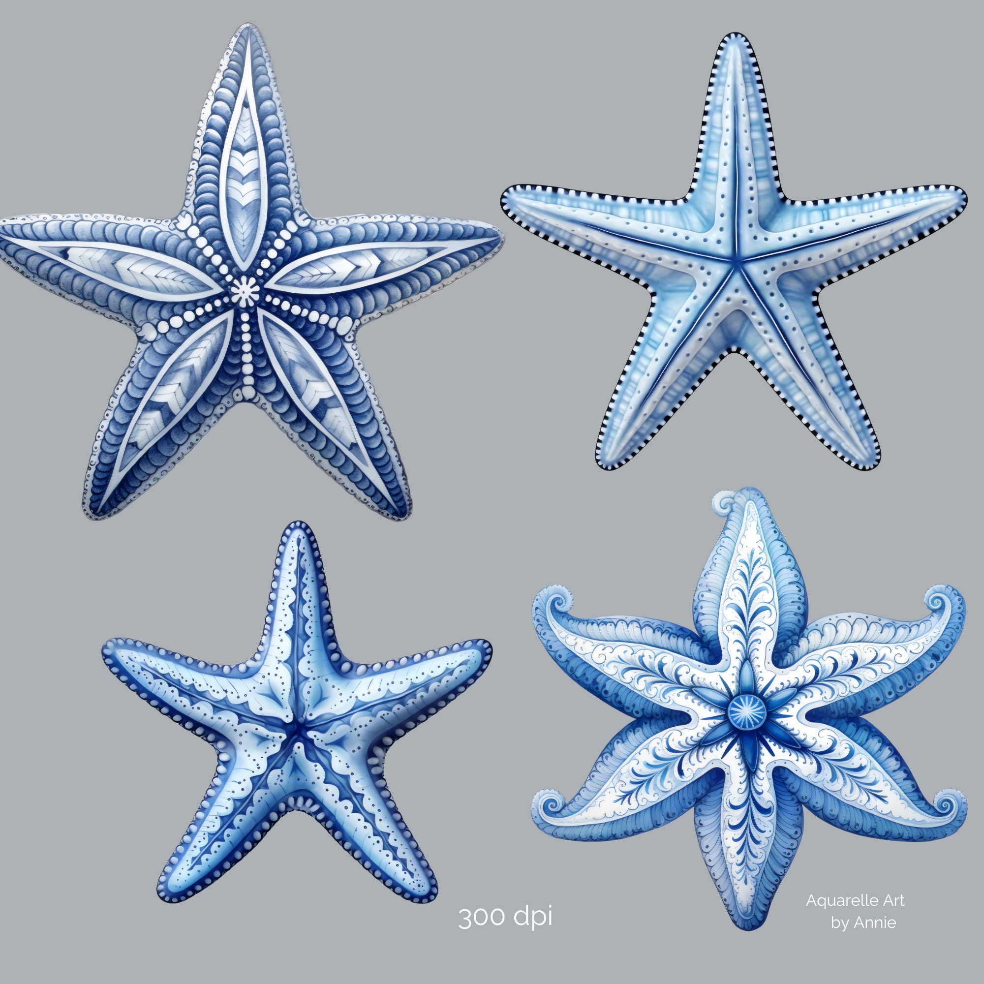 Watercolor Nautical Starfish Clipart, Blue Starfish Decorated Clipart ...
