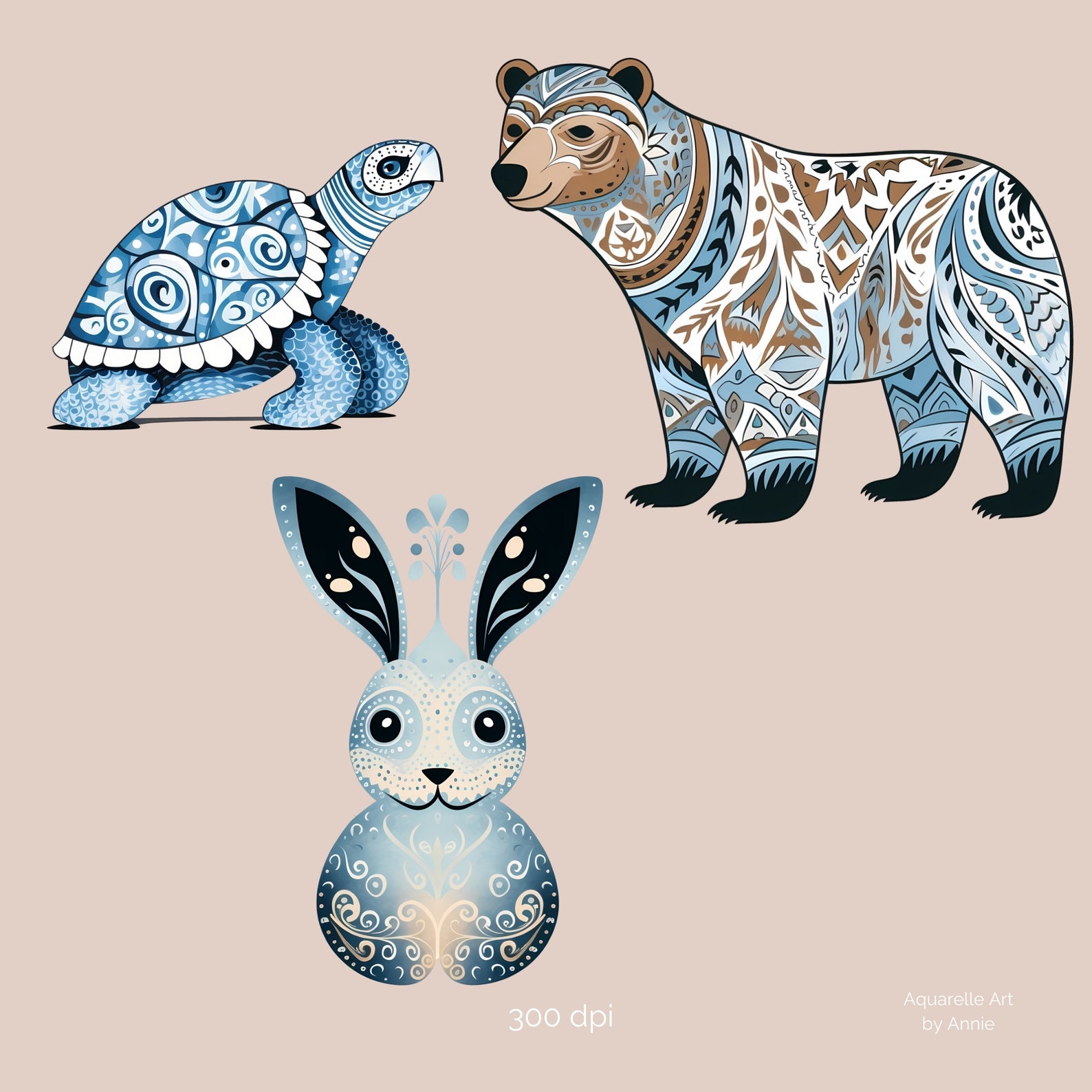 Watercolor Folk Art Blue Clipart, Cute Folk Art Clipart, Fox Folk Art ...