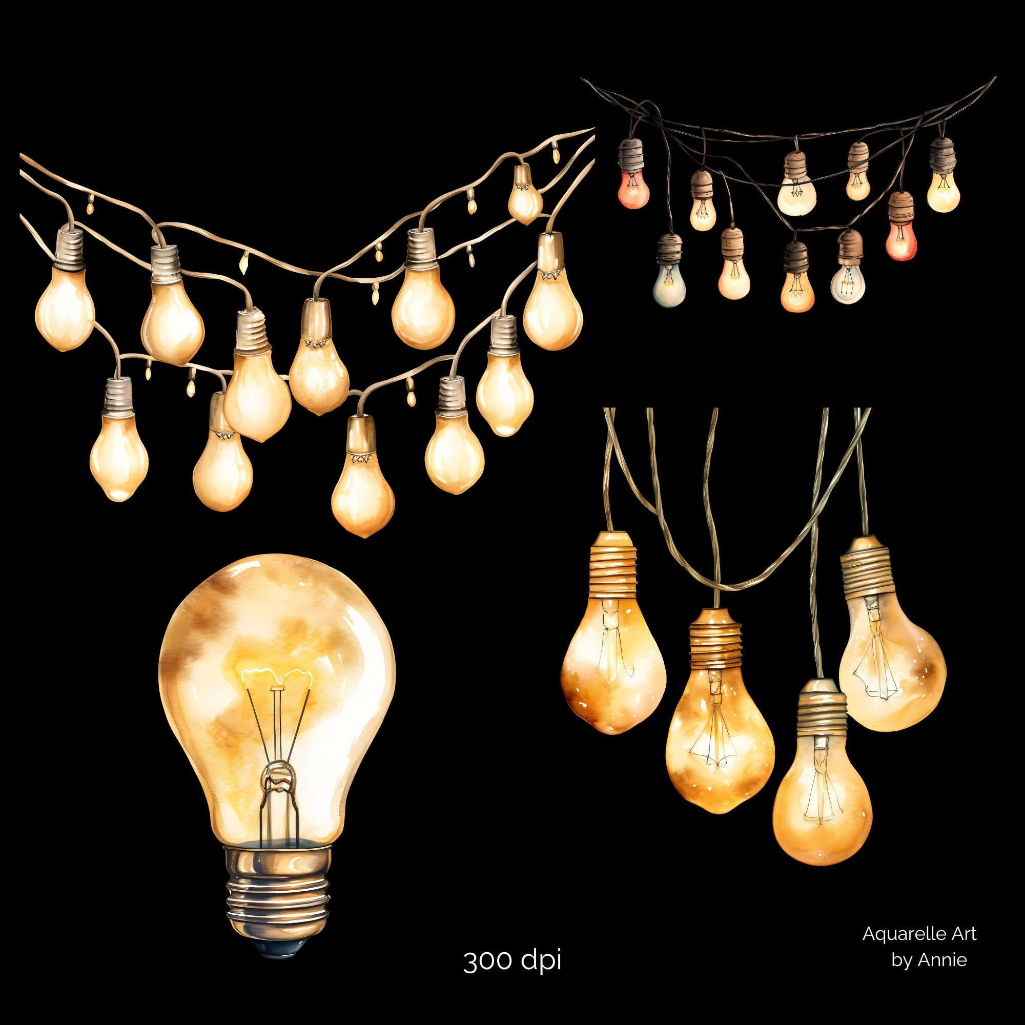 Watercolor Christmas Lights Clipart, String Lights Clipart, Xmas Lights ...