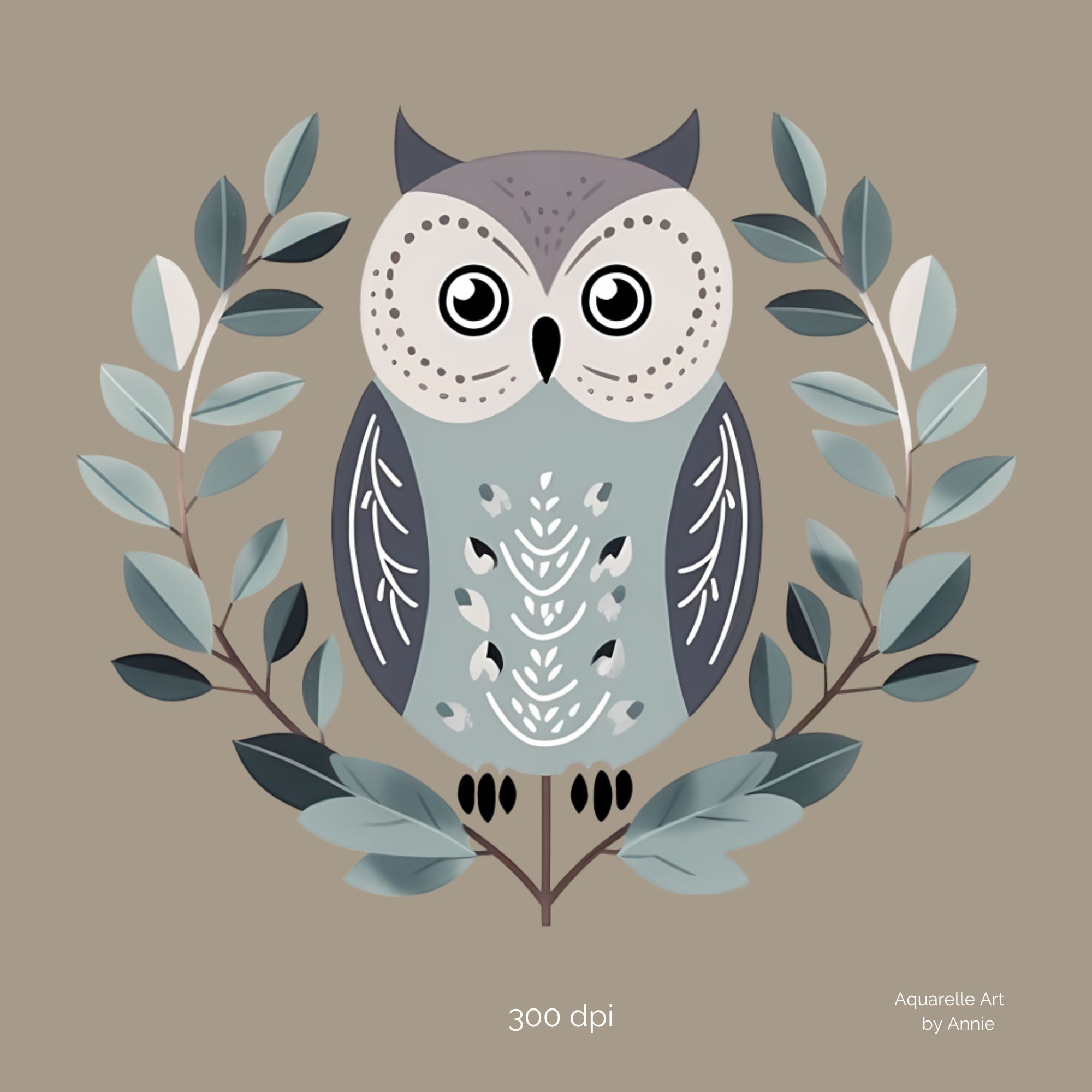 Folk Art Sage Owl Clipart, Cute Green Owl Clipart, Folk Art Clipart ...