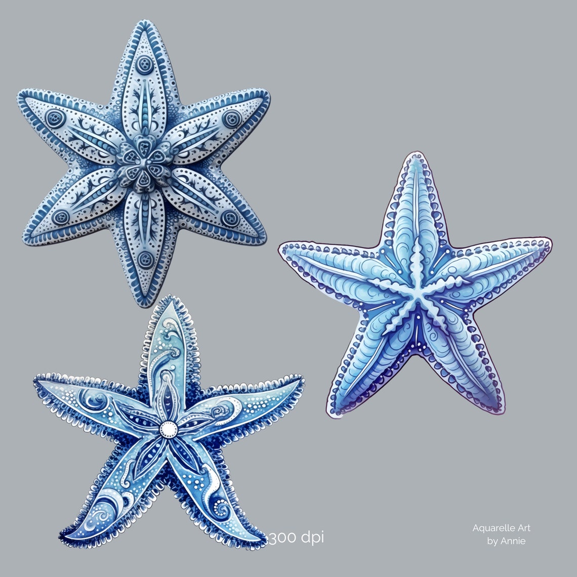 Watercolor Nautical Starfish Clipart, Blue Starfish Decorated Clipart ...