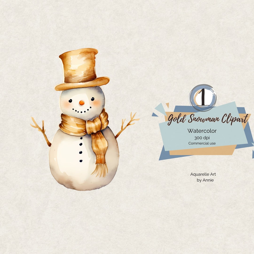 Watercolor Christmas Gold Clipart, Cute Christmas Gold Snowman Clipart ...