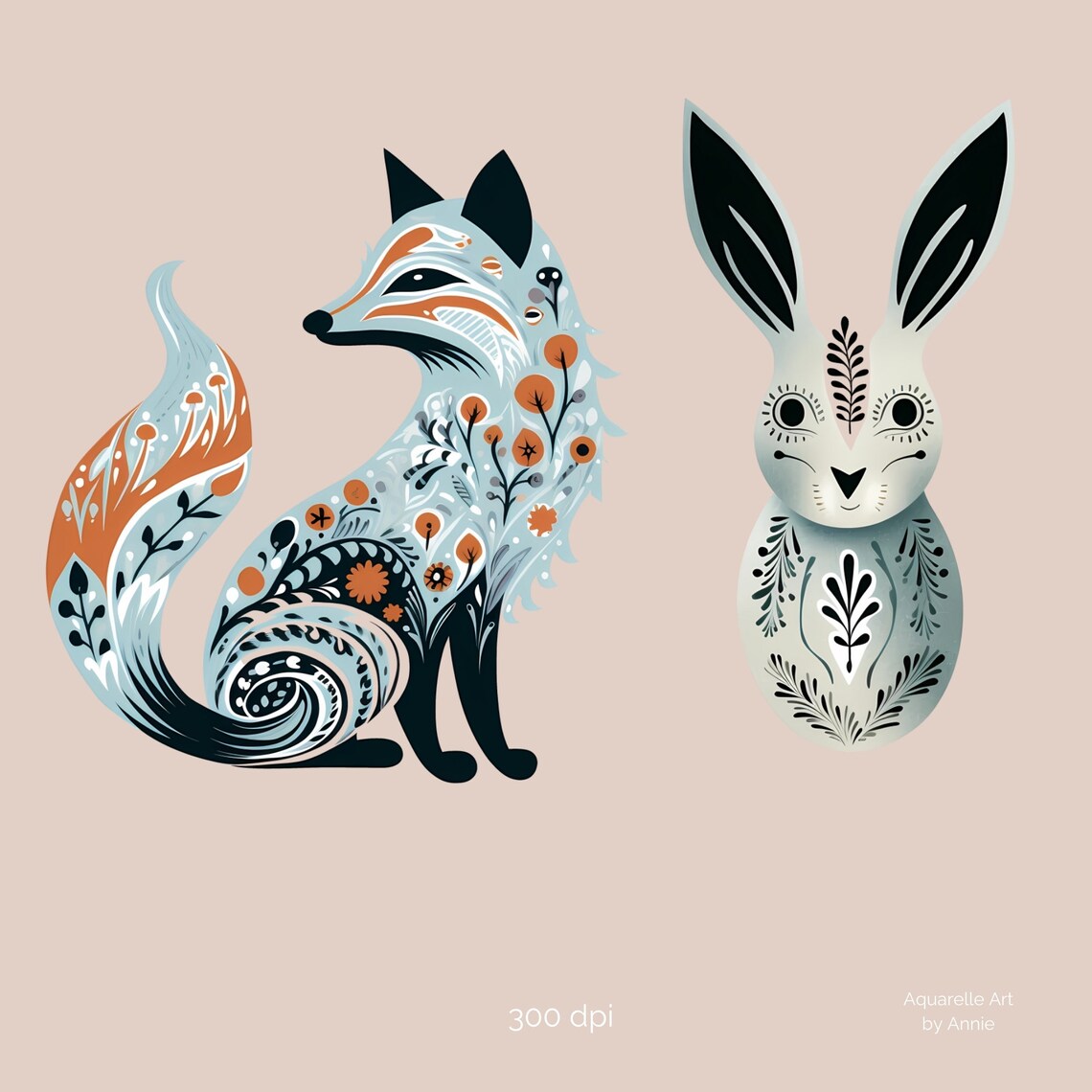 Watercolor Folk Art Blue Clipart, Cute Folk Art Clipart, Fox Folk Art ...